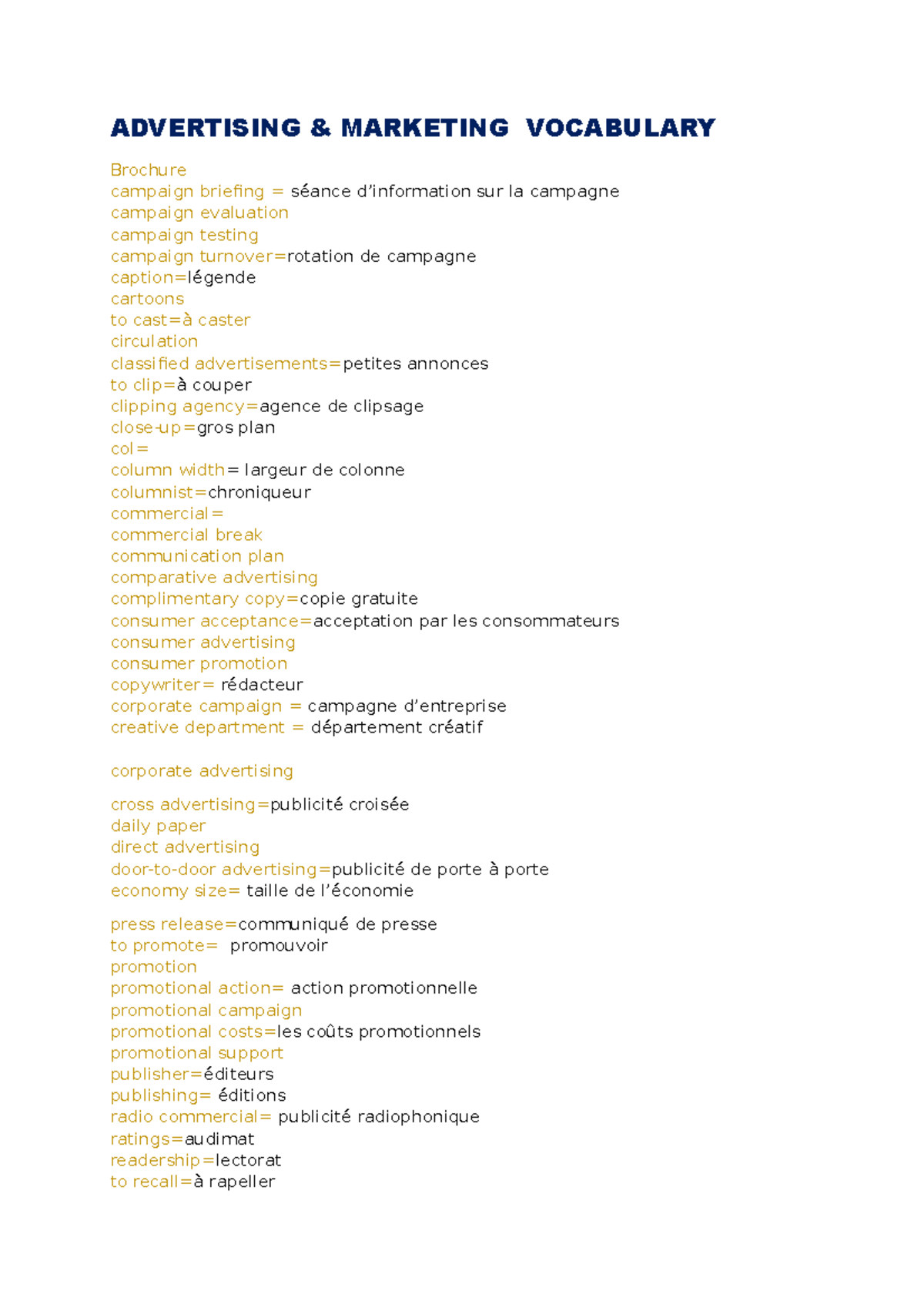 Advertising Vocabulary - ADVERTISING & MARKETING VOCABULARY Brochure ...