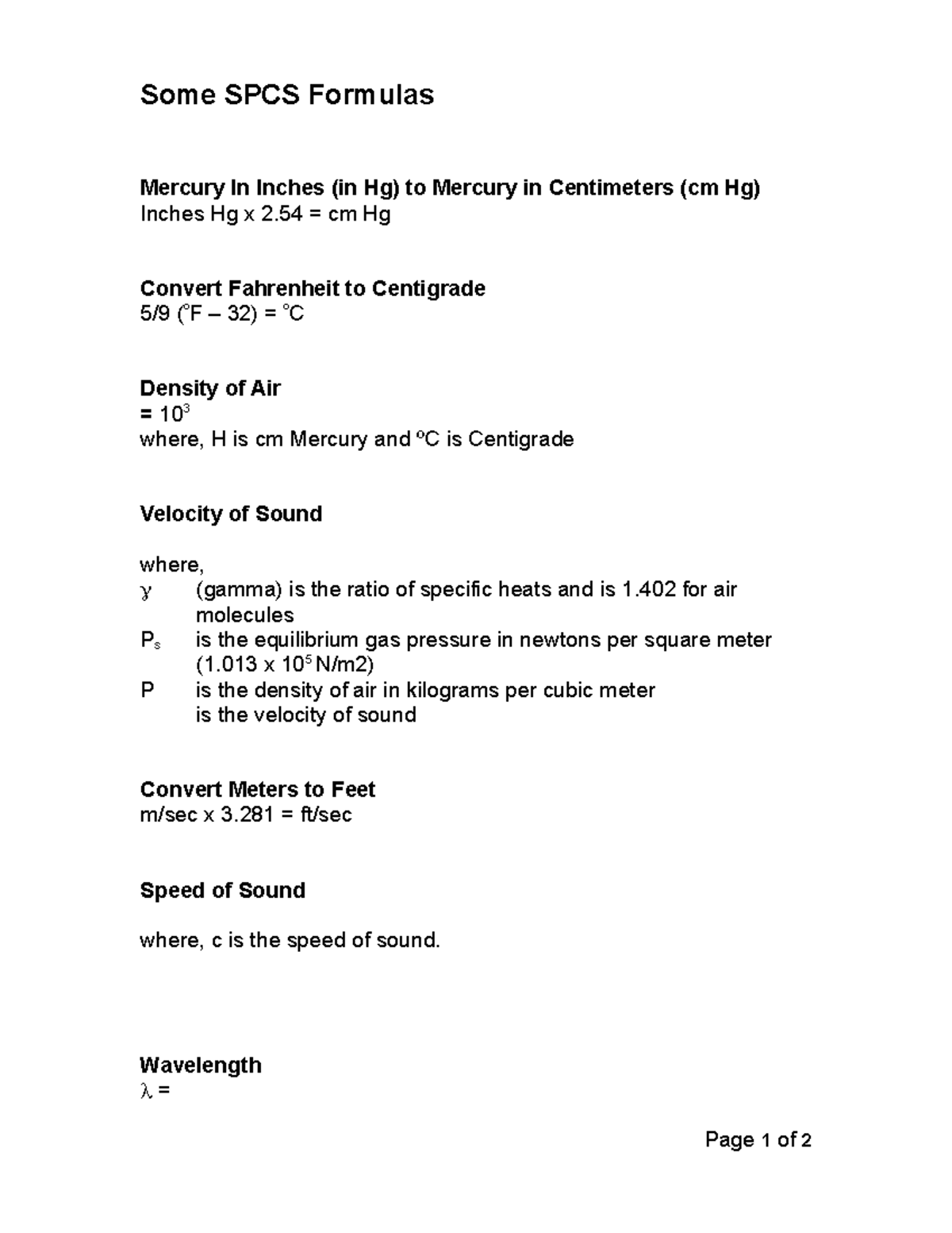 Formulas Partial List - Some SPCS Formulas Mercury In Inches (in Hg) to ...