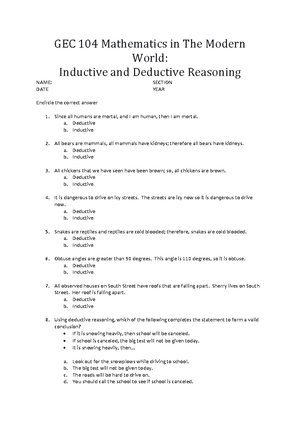 GEC 104 – Mathematics in the Modern World Inductive and Deductive ...