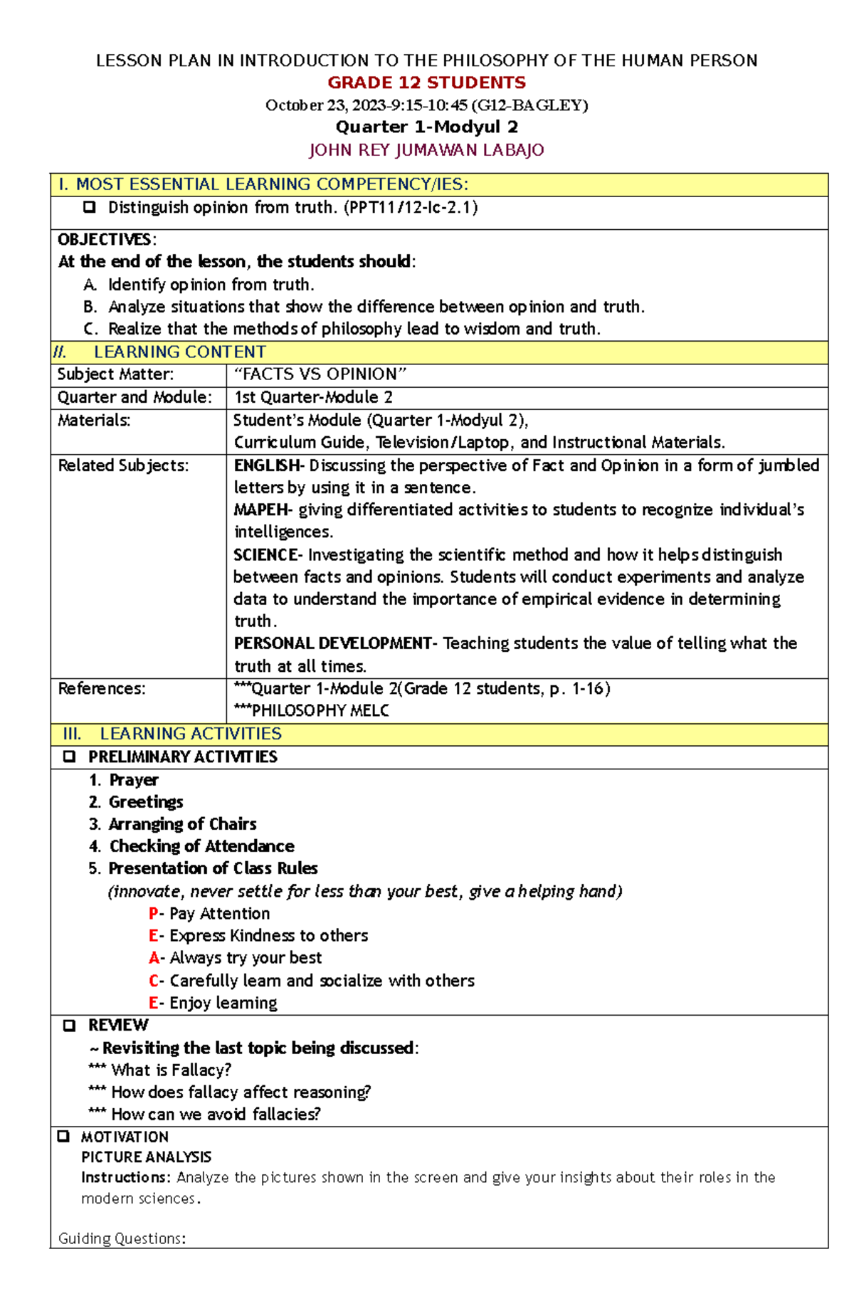 Class Demonstration - LESSON PLAN IN INTRODUCTION TO THE PHILOSOPHY OF ...