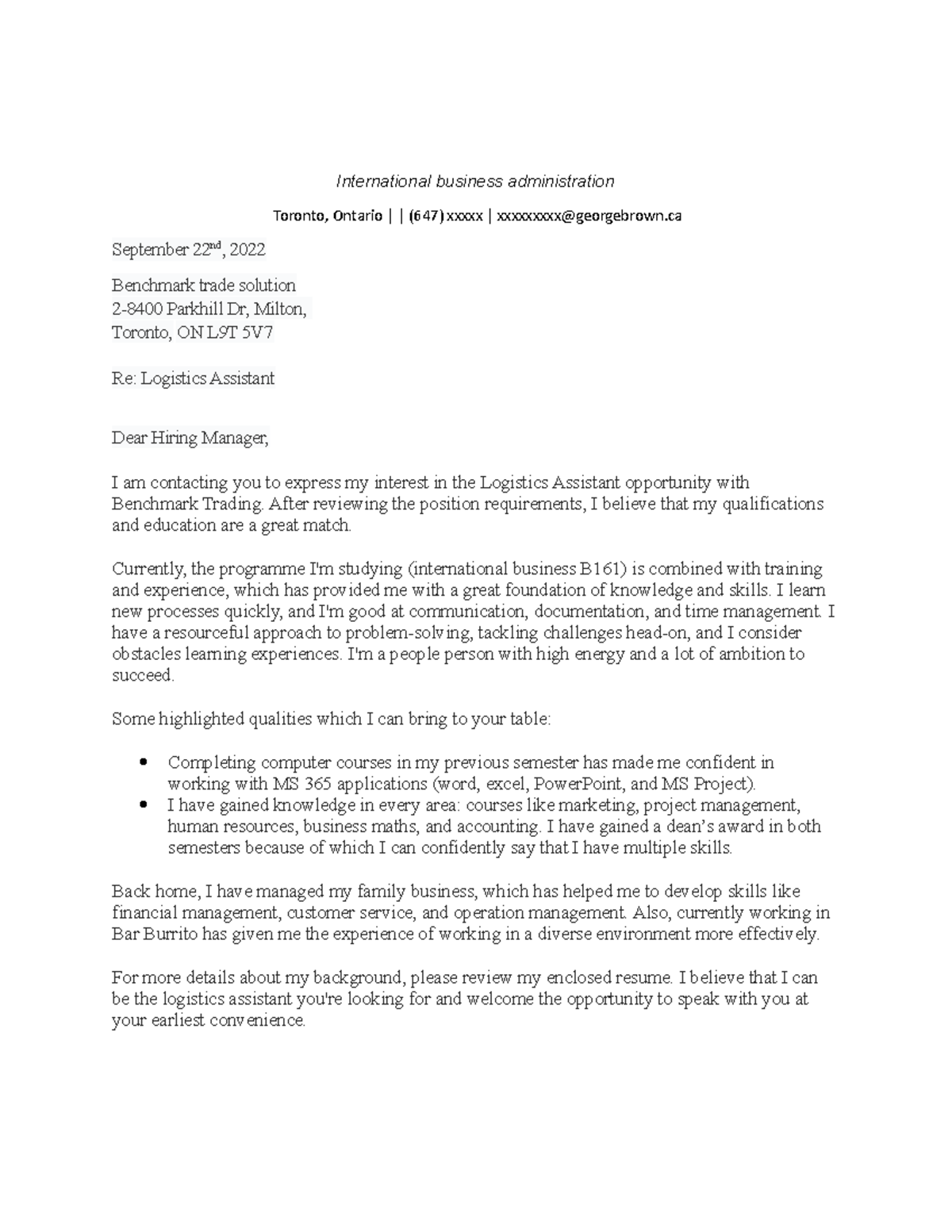 Cover letter assignment - International business administration Toronto ...