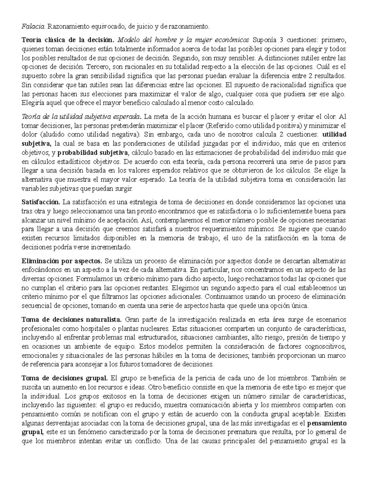 Resumen Cap.12 Toma de decisiones - Falacia. Razonamiento equivocado ...