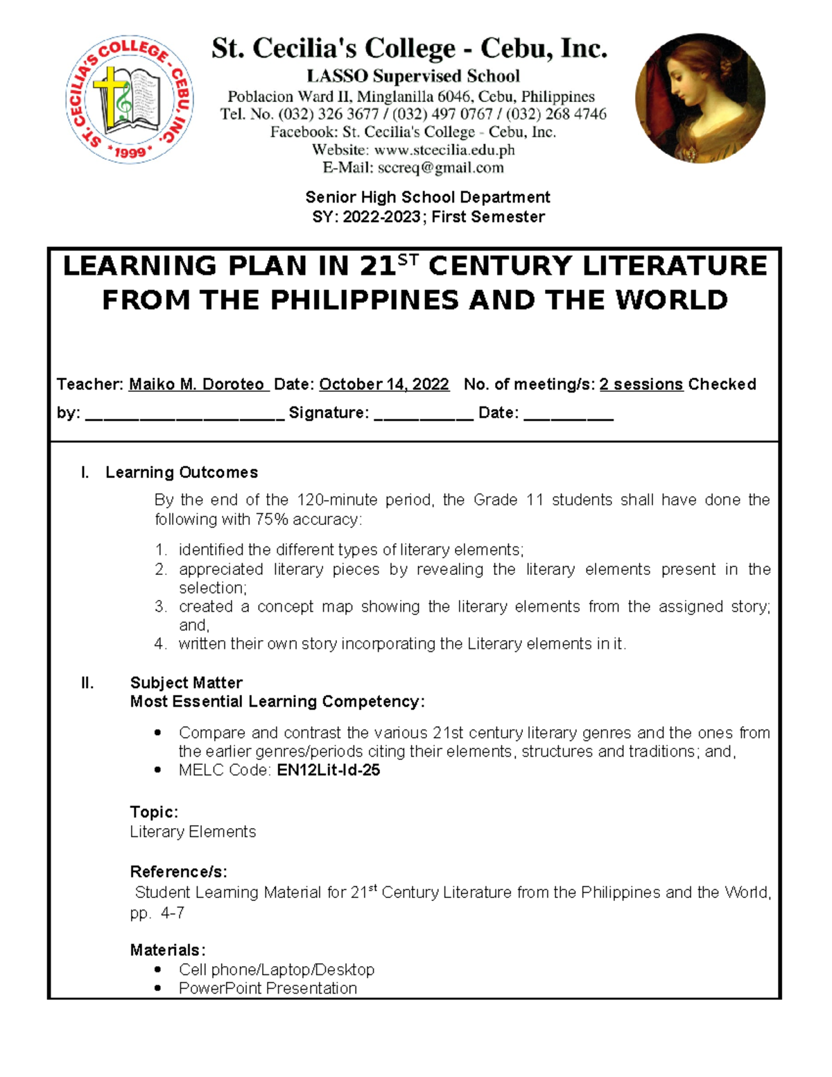 LP-Lit - Senior High School Department SY: 2022-2023; First Semester ...
