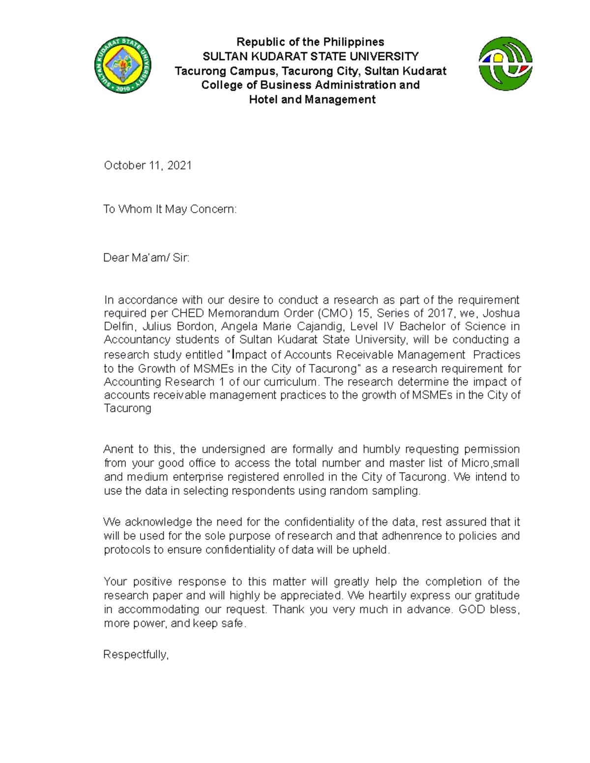 Letter to SKSU Registrar - Republic of the Philippines SULTAN KUDARAT ...