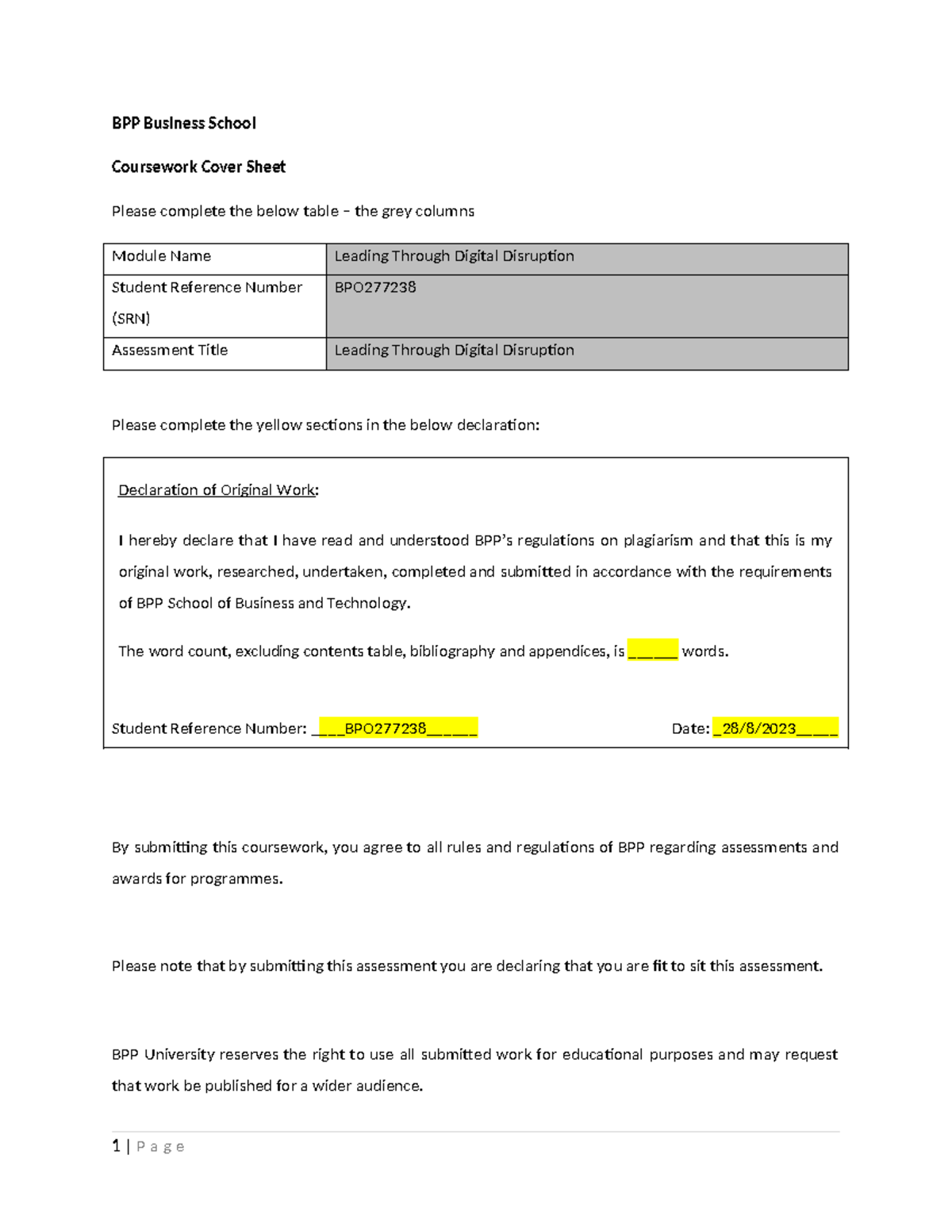 MLeading Through Digital Disruption 698007 242756451 - BPP Business School Coursework Cover ...