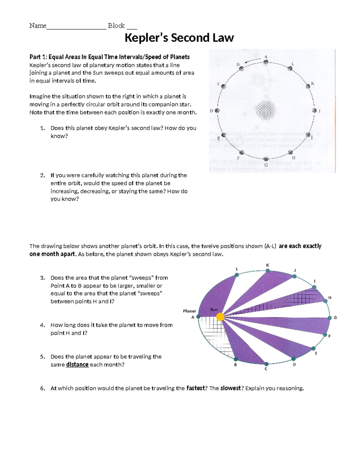 Kepler's 2nd Law - Information - Name_________________ Block ___ Kepler ...
