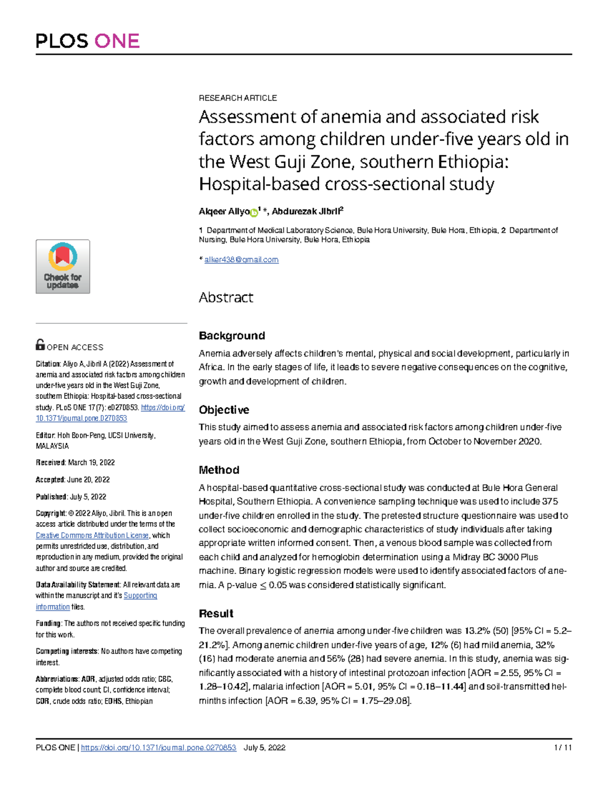 Journal - ####### RESEARCH ARTICLE Assessment of anemia and associated ...