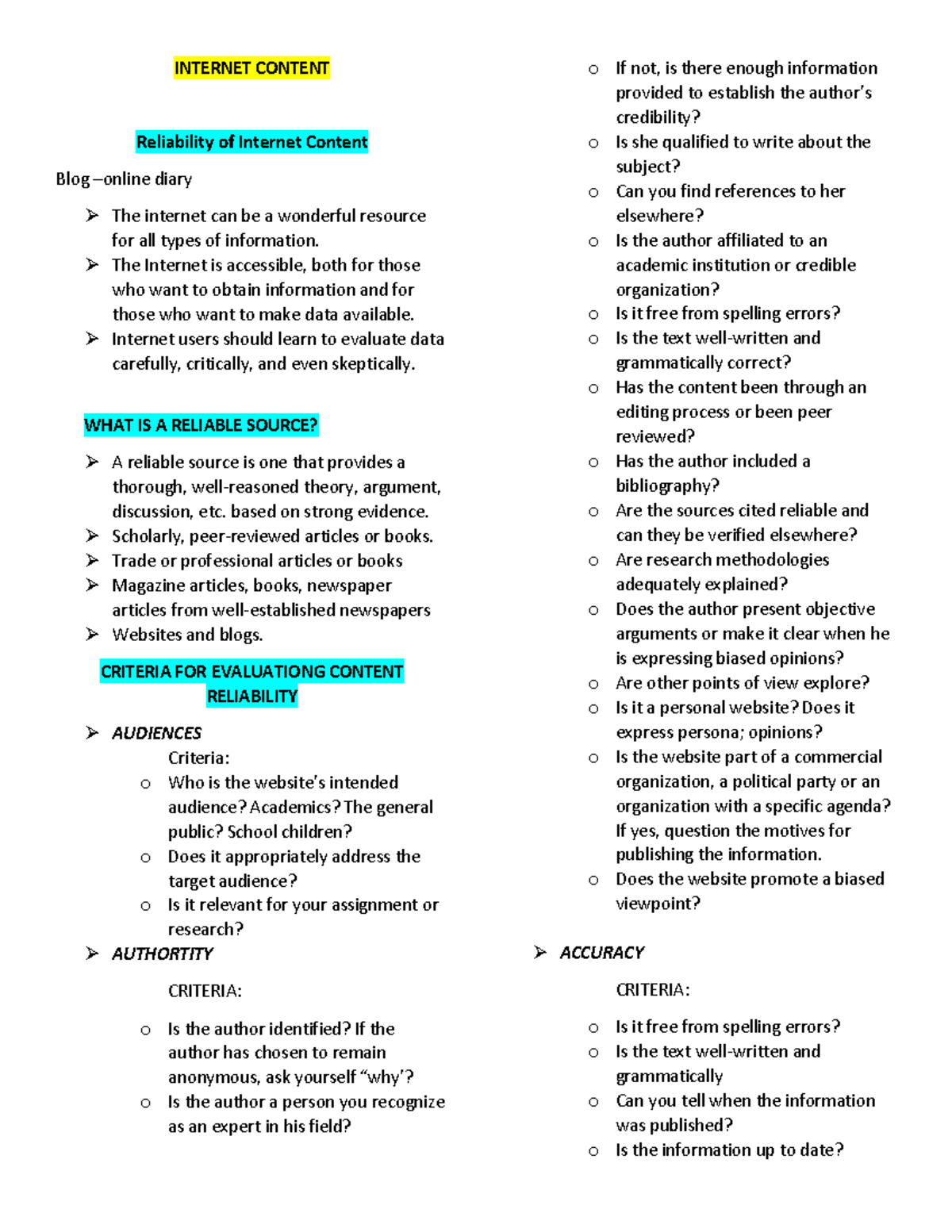 Internet- Content - IT lecture notes - INTERNET CONTENT Reliability of ...