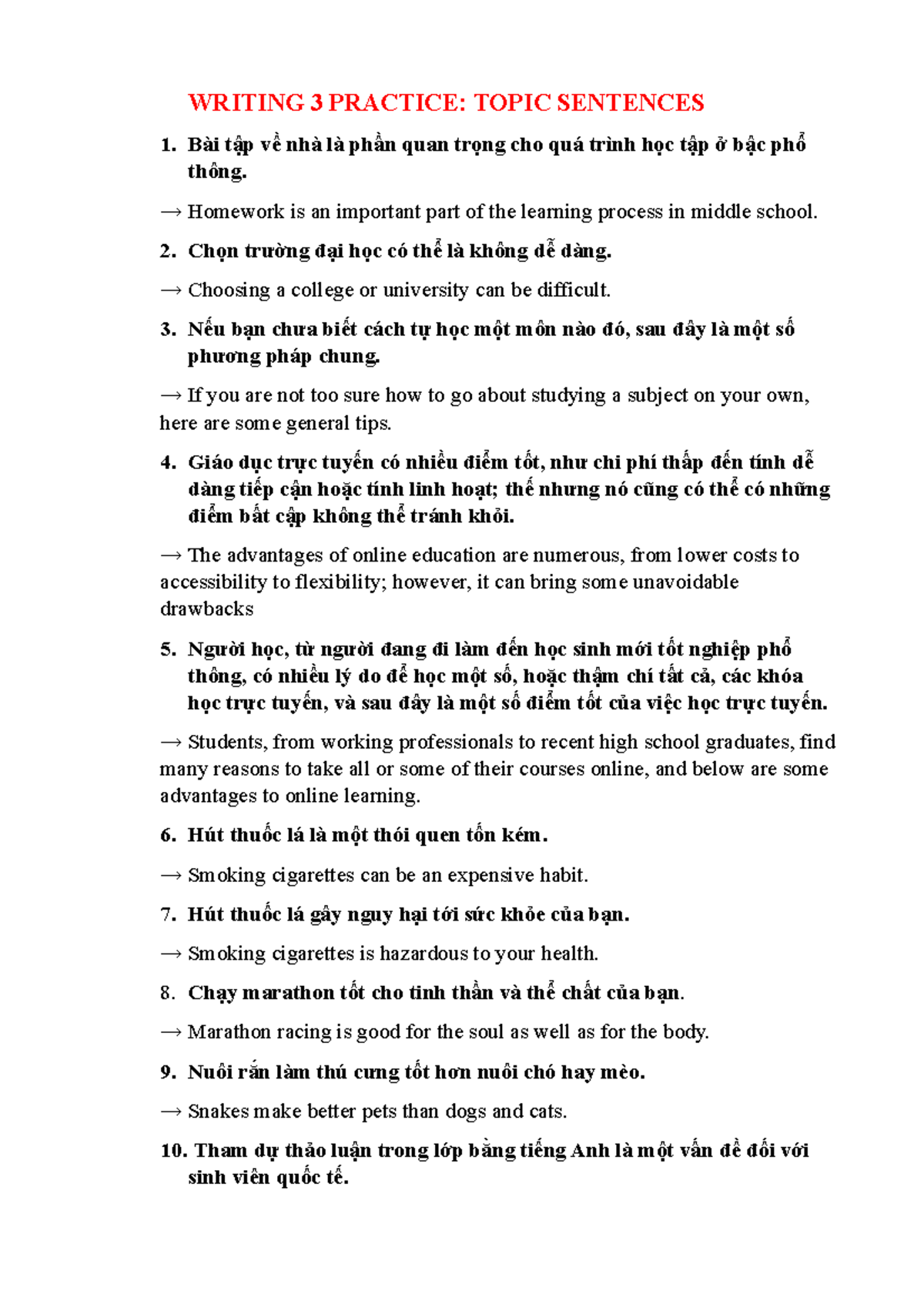 Writing 3 Practice - WRITING 3 PRACTICE: TOPIC SENTENCES Bài tập về nhà ...