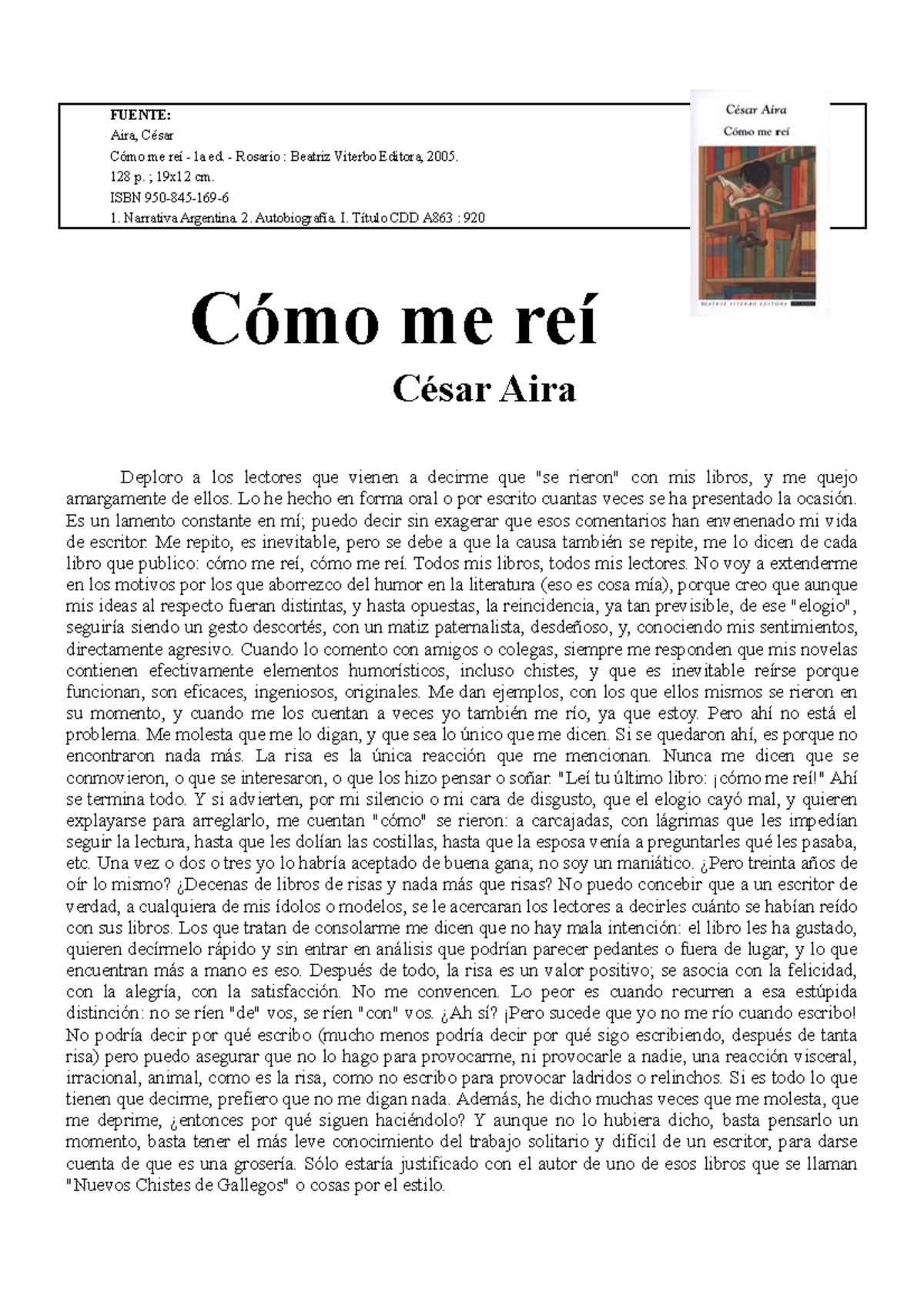 Aira Cesar - Como Me Rei - Novela - FUENTE: Aira, César Cómo me reí ...