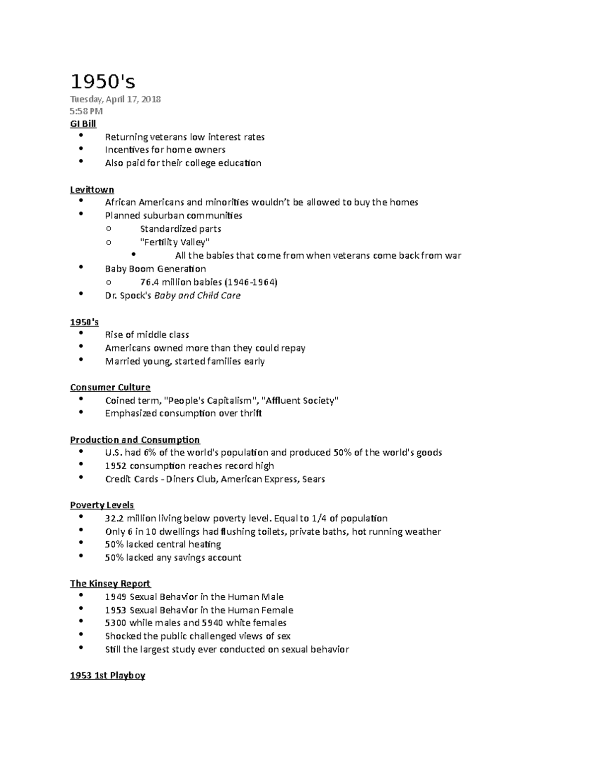 1950s - Lecture notes 11 - 1950's Tuesday, April 17, 2018 5:58 PM GI ...