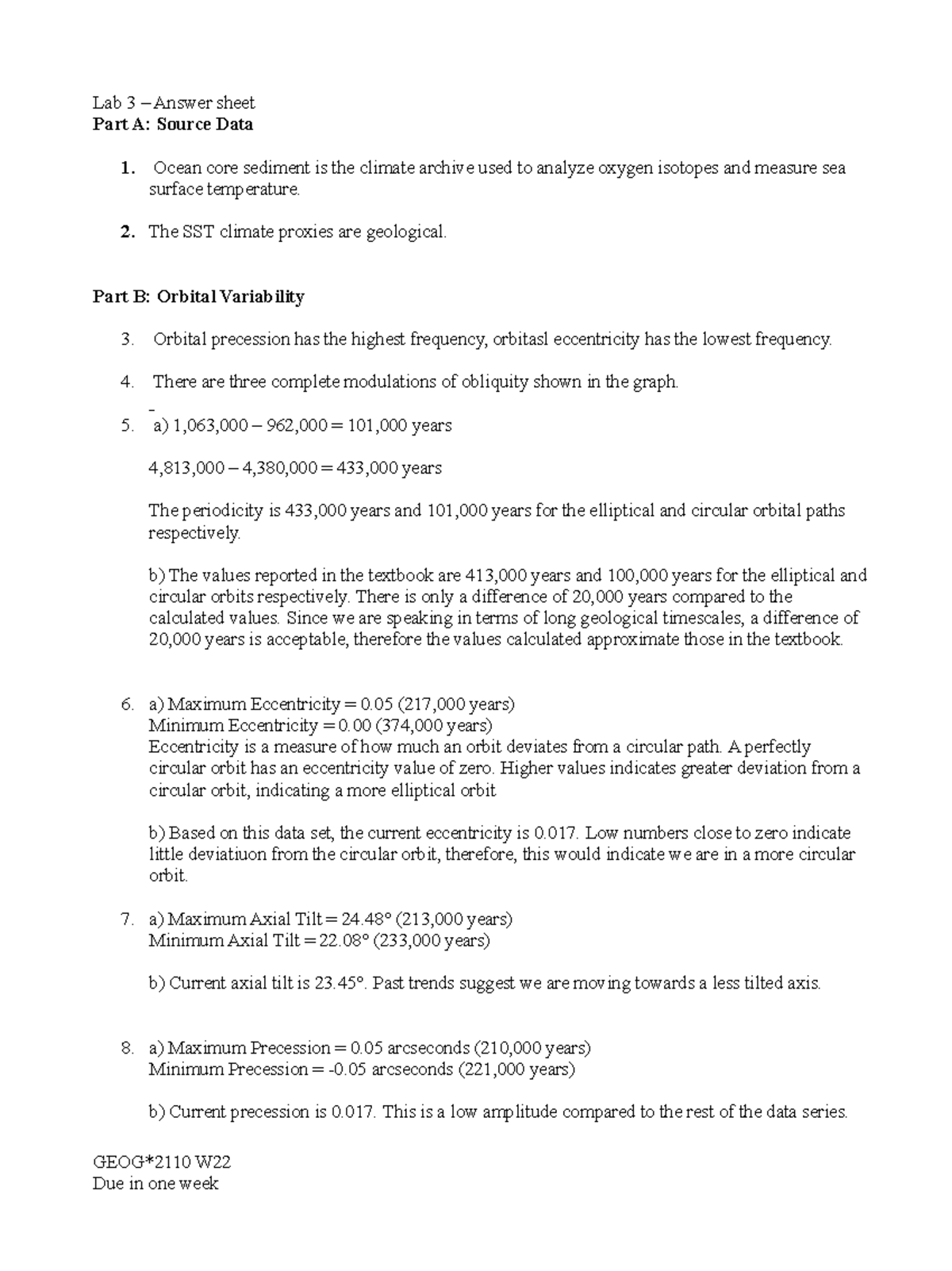 Lab 3 - lab - Lab 3 – Answer sheet Part A: Source Data Ocean core sediment is the climate ...