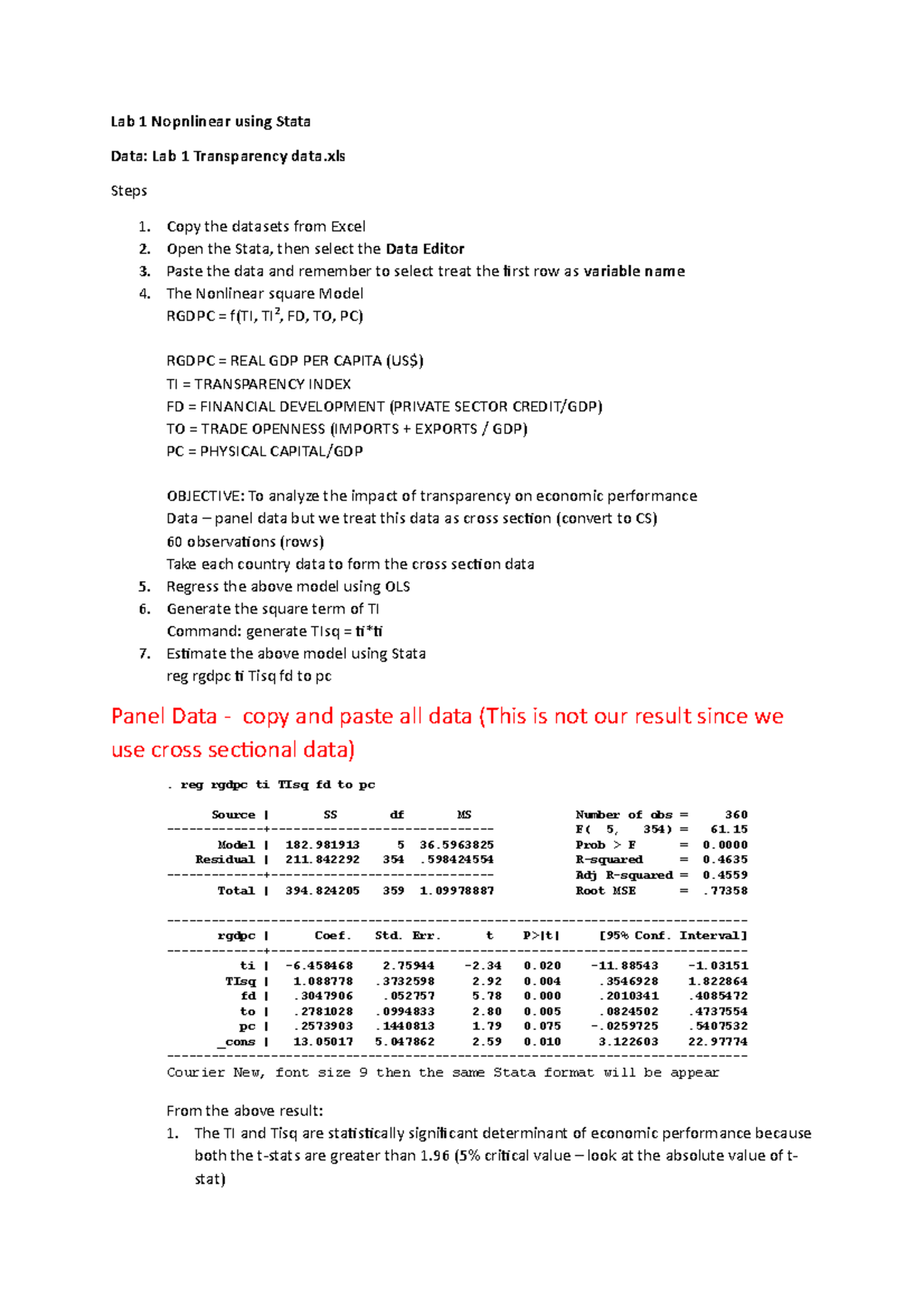 1-2 Lab Stata Nonnlinear Regreesion using Stata Transparency and Econ Performance - Lab 1 ...