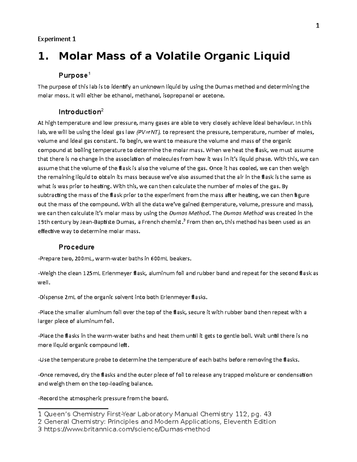 CHEM112 Lab #1 - Molar Mass of an Unkown Volatile Liquid - 1 Experiment ...