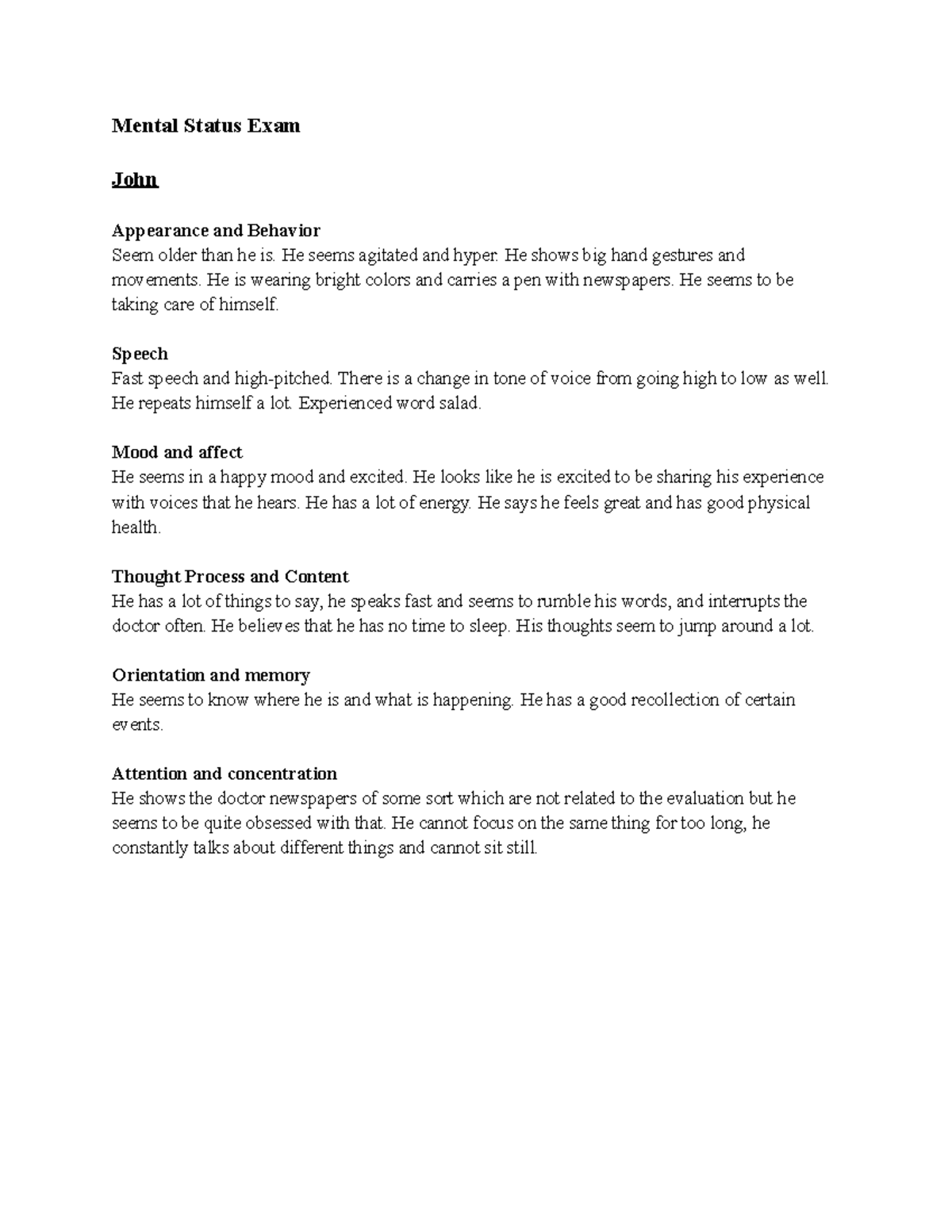 Module 7 Bipolar- Mental Status Exam - Mental Status Exam John ...