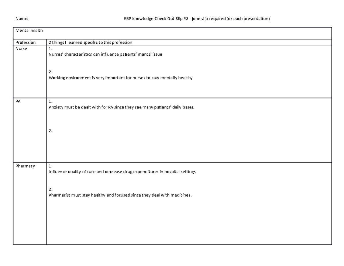 Mental Health - assignment slips for in class presentation - Mental ...