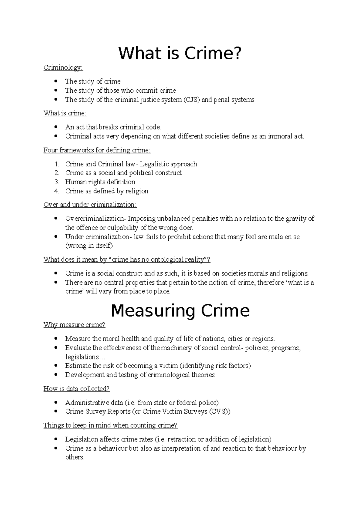 Exam Notes 2019 - What is Crime? Criminology: The study of crime The ...