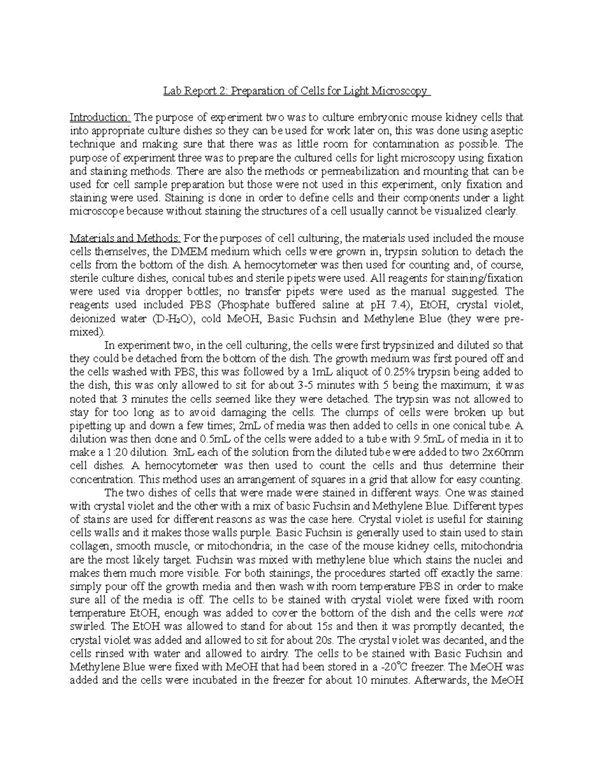 Lab report 2 - Lab Report 2: Preparation of Cells for Light Microscopy ...