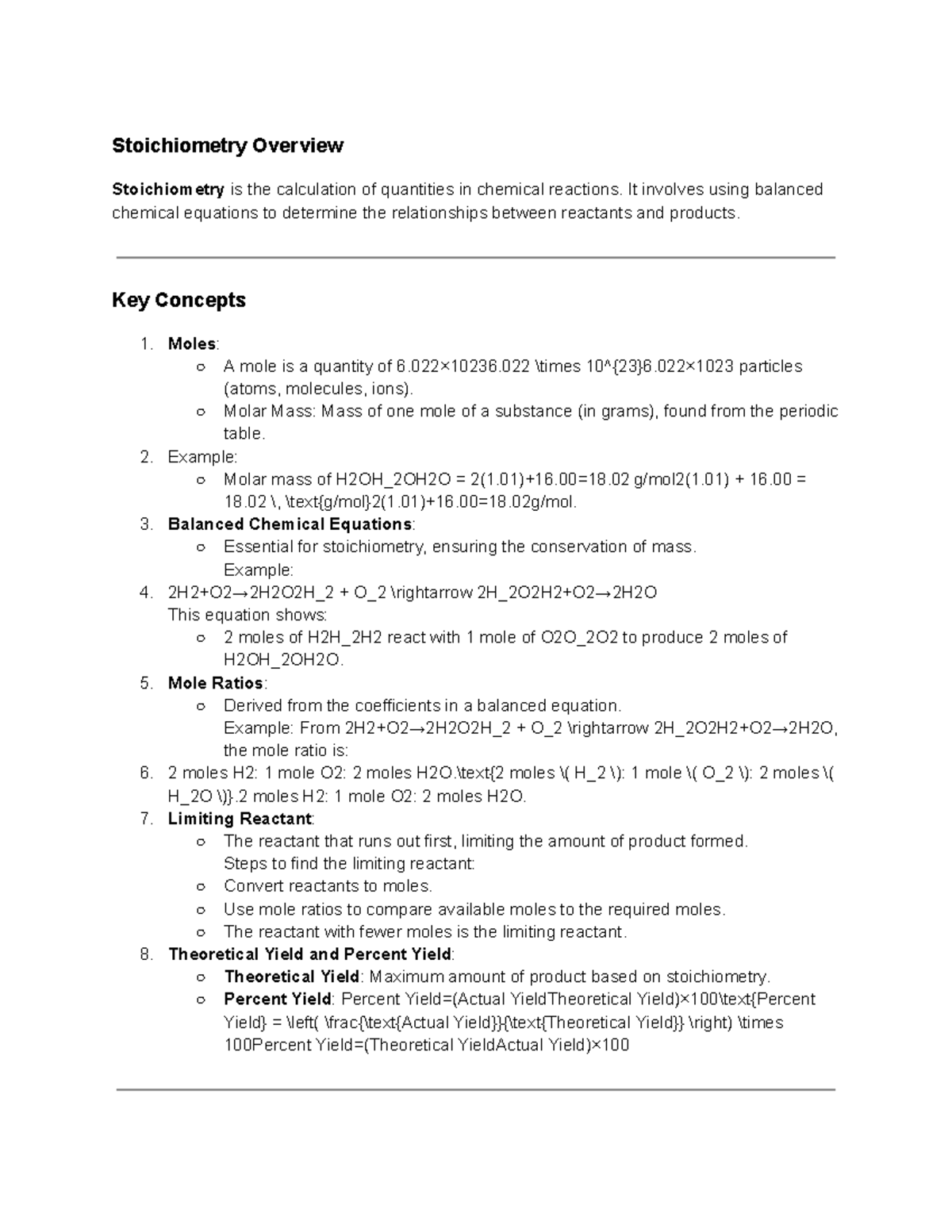 Stoichiometry - summary - Stoichiometry Overview Stoichiometry is the calculation of quantities ...