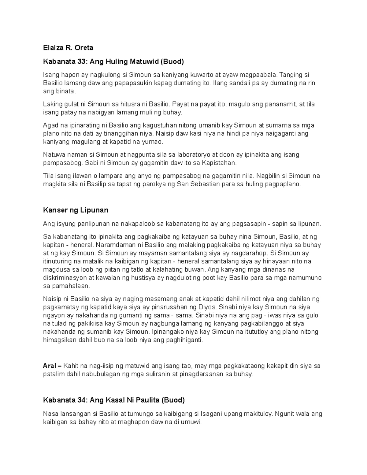 Oreta-Kabanata 33-35 - kopyahin nyo na lahat - Elaiza R. Oreta Kabanata ...