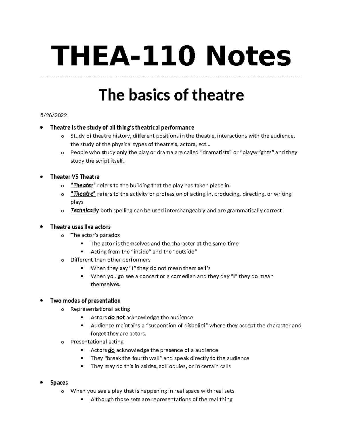 THEA-110 Notes - THEA-110 Notes - The basics of theatre 8/26/ Theatre ...