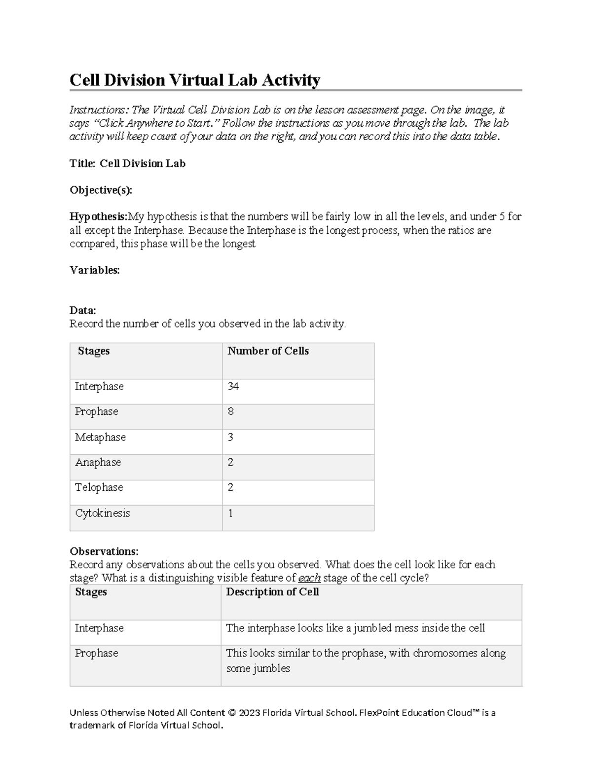 03 01 virtual cell division lab report - Cell Division Virtual Lab ...