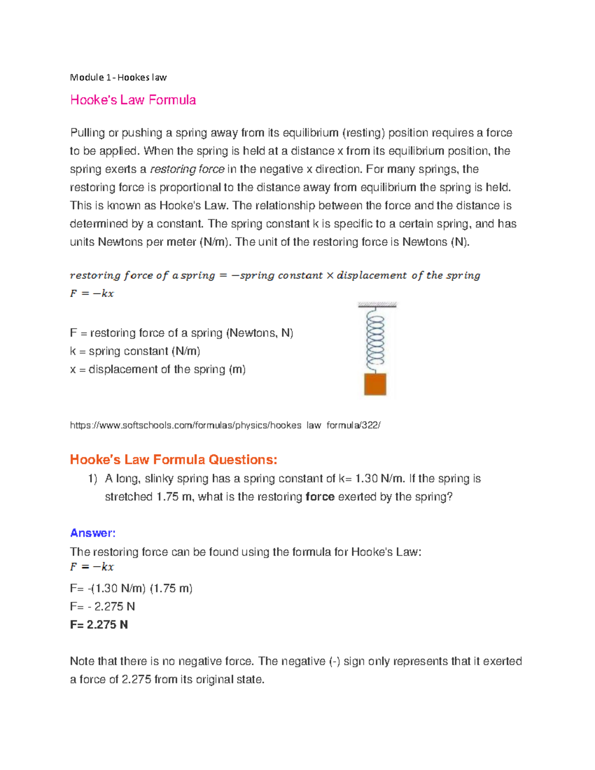 Module 1 hookes Law - Module 1- Hookes law Hooke's Law Formula Pulling ...