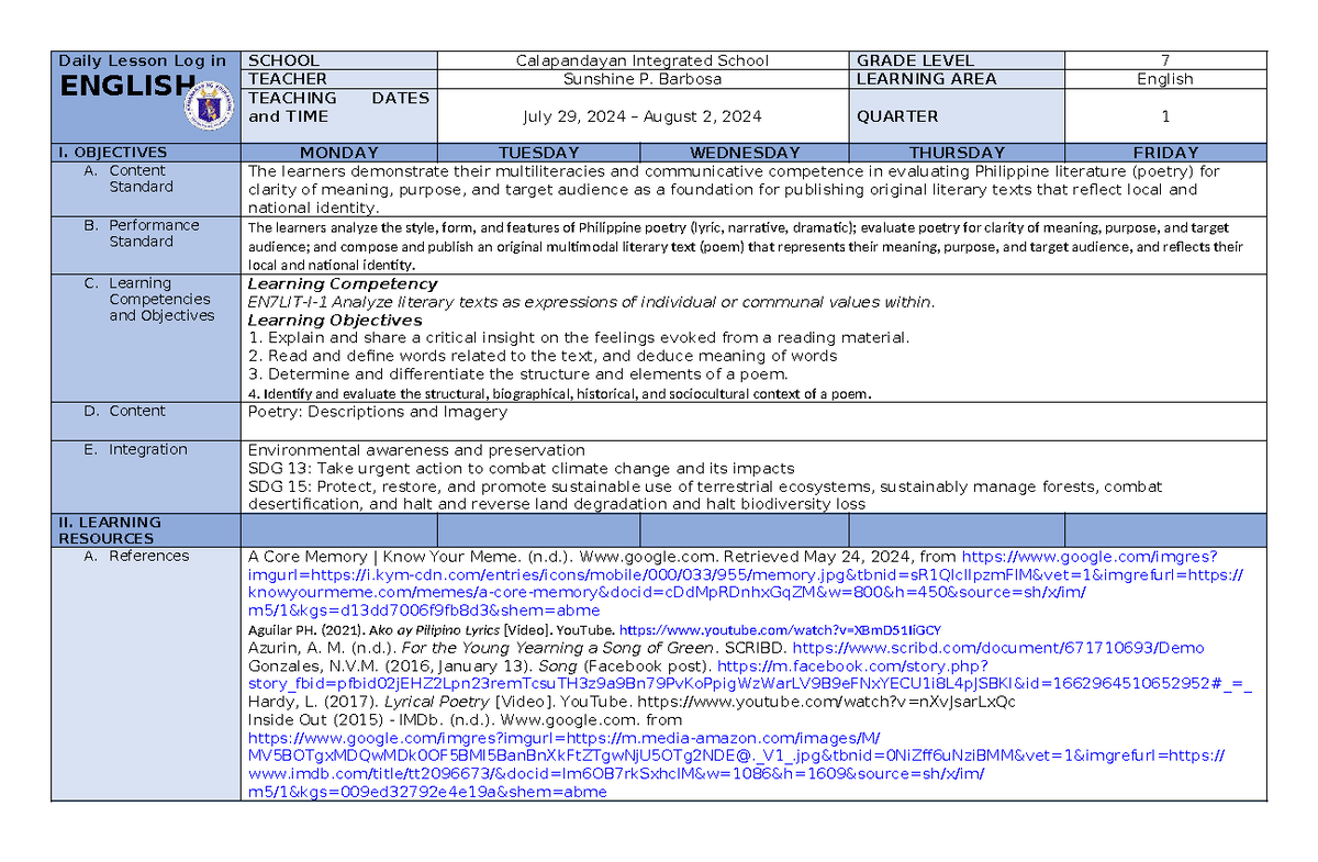 Week-2-Aug 5-9 - English 7 Matatag - Daily Lesson Log in ENGLISH SCHOOL ...