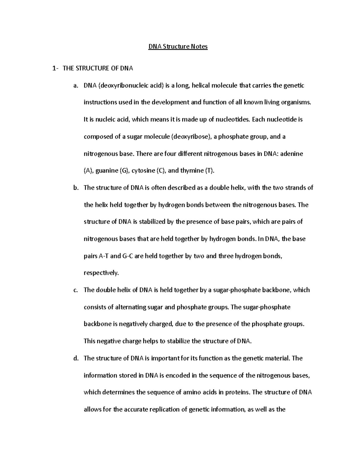 Dna Struct Notes Dna Structure Notes 1 The Structure Of Dna A Dna