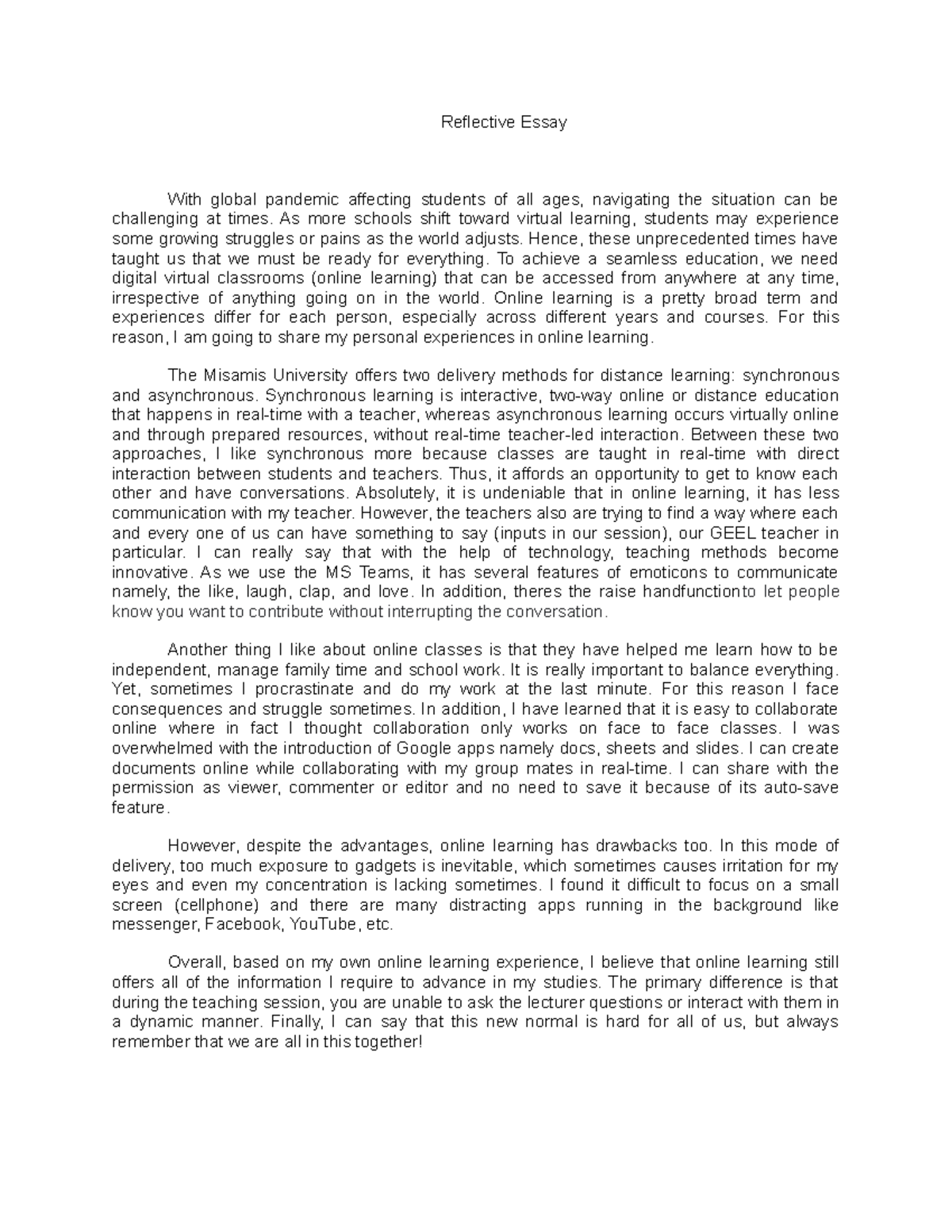 Reflective Essay-GEEL - Reflective Essay With global pandemic affecting ...