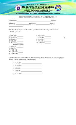 Grade 5 Performance Task in Filipino Modules 1-3 - Republic of the ...