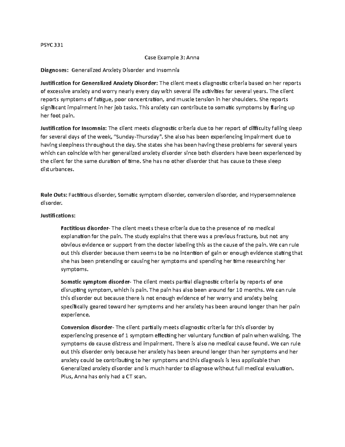Case example 3 Anna - PSYC 331 Case Example 3: Anna Diagnoses ...