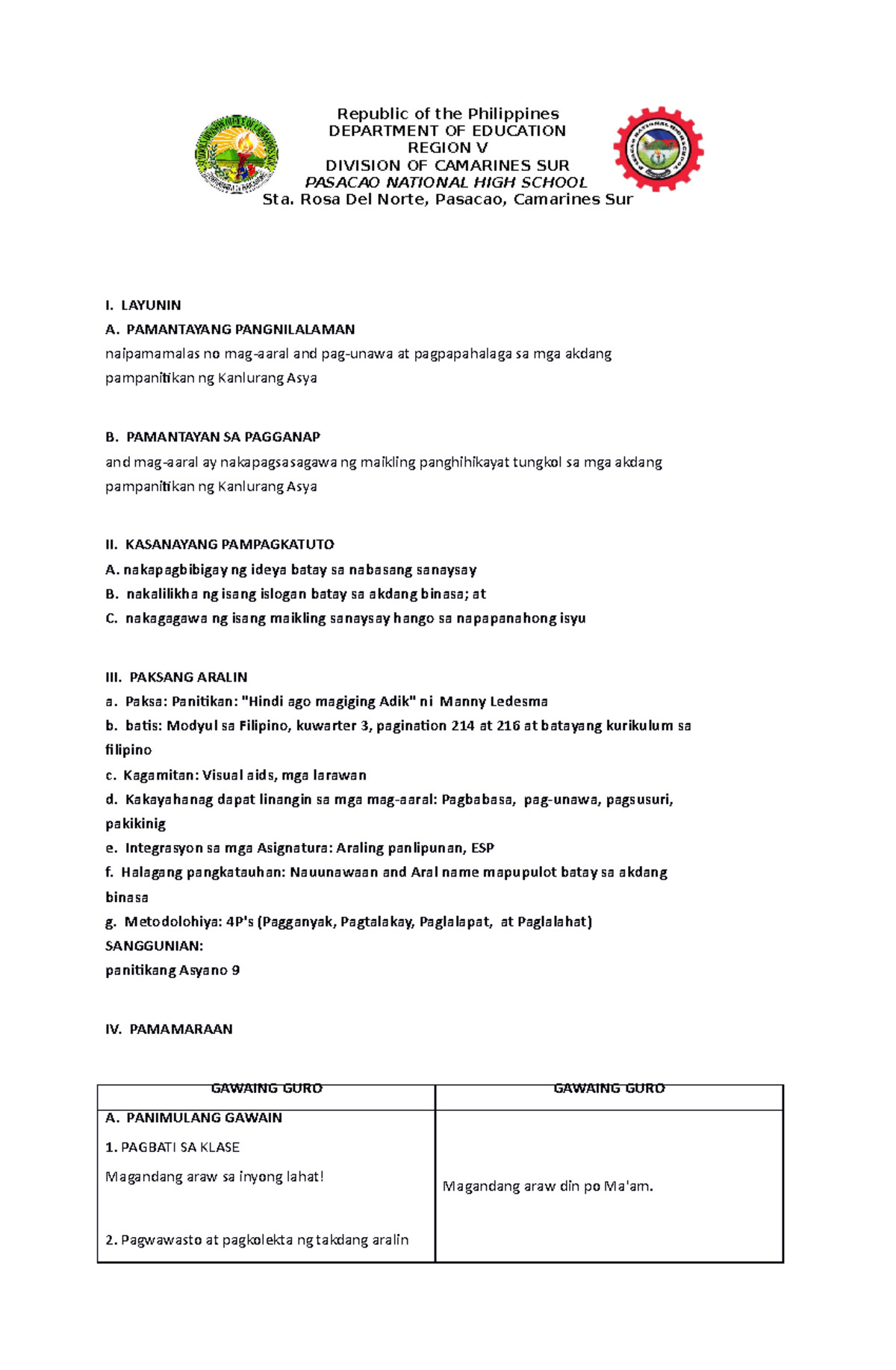 PNHS Drugs - It contains a lesson plan - Republic of the Philippines ...