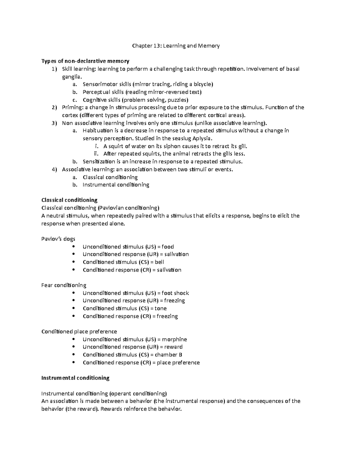 Chapter 13 Learning and Memory - Chapter 13: Learning and Memory Types of non-declarative memory ...