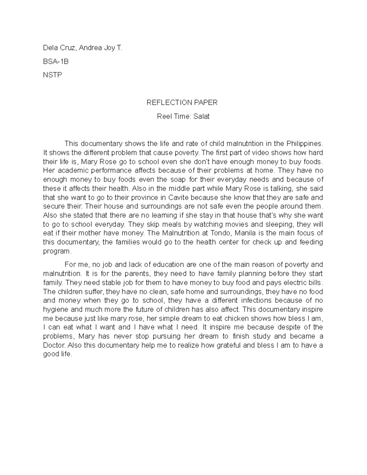 NSTP Reflection Paper 2 salat - Dela Cruz, Andrea Joy T. BSA-1B NSTP ...