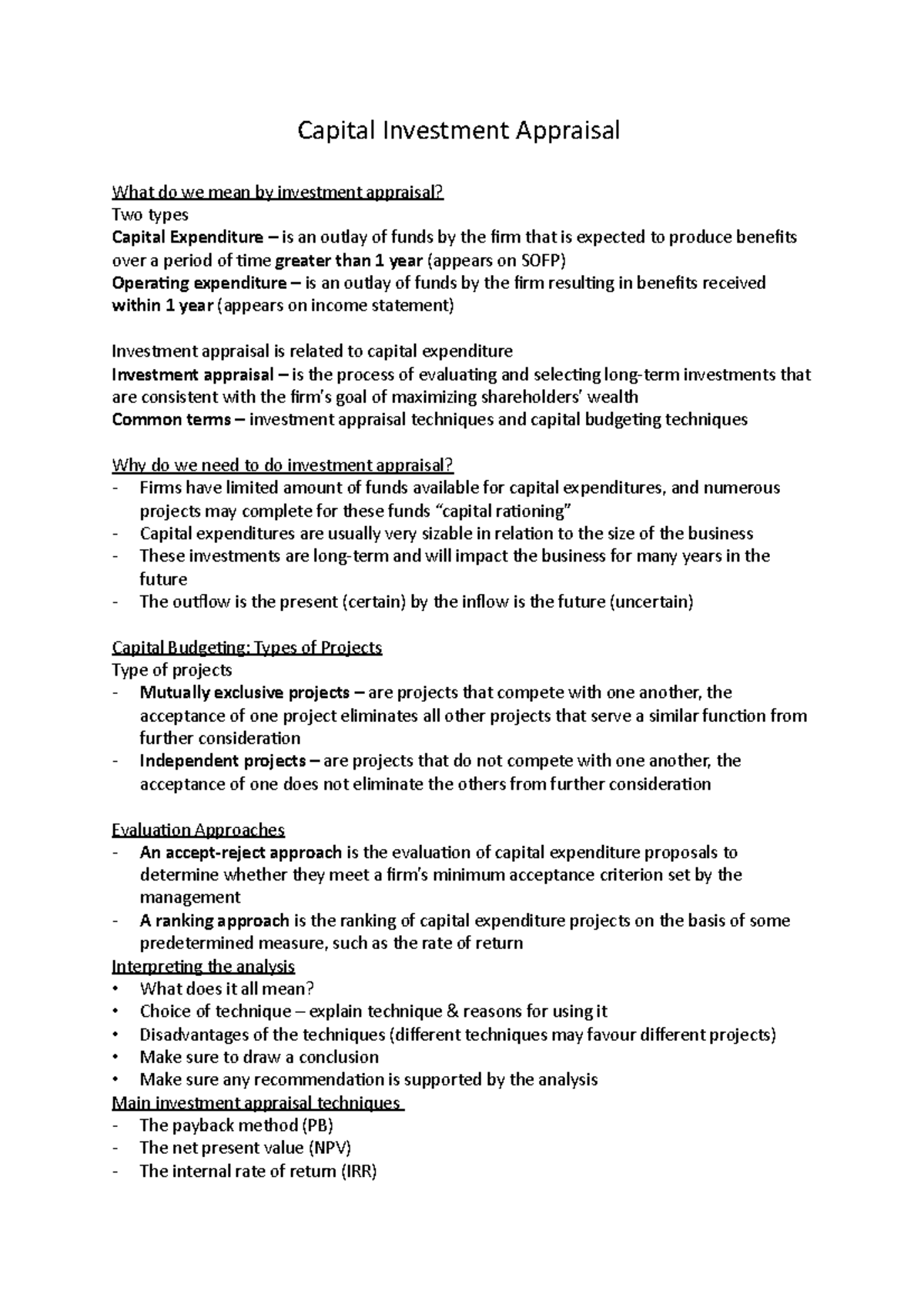 Capital Investment Appraisal notes - Capital Investment Appraisal What ...