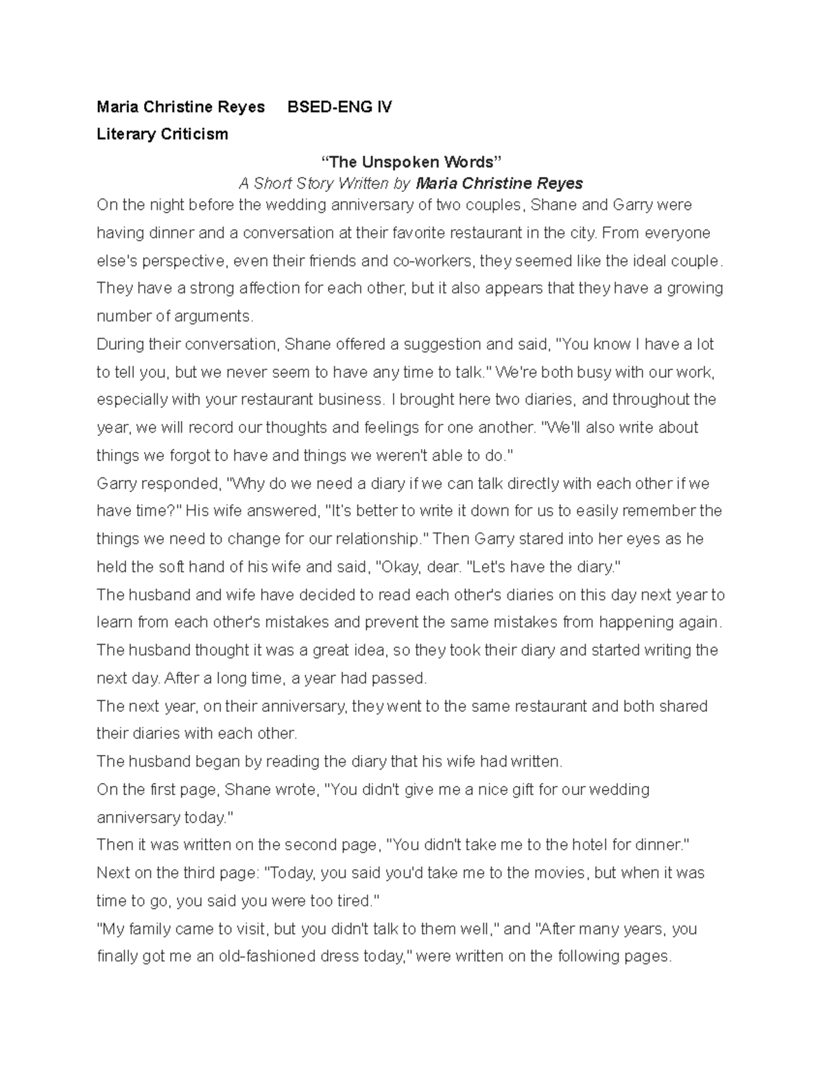 The Unspoken Words written by Reyes - Maria Christine Reyes BSED-ENG IV ...