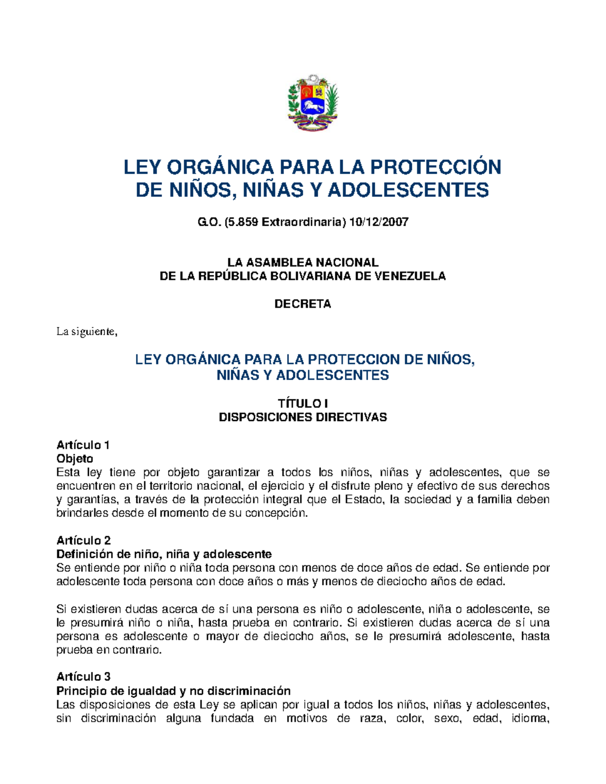 Ley Orgánica de protección al niño, niña y adolescente ( Lopna ...
