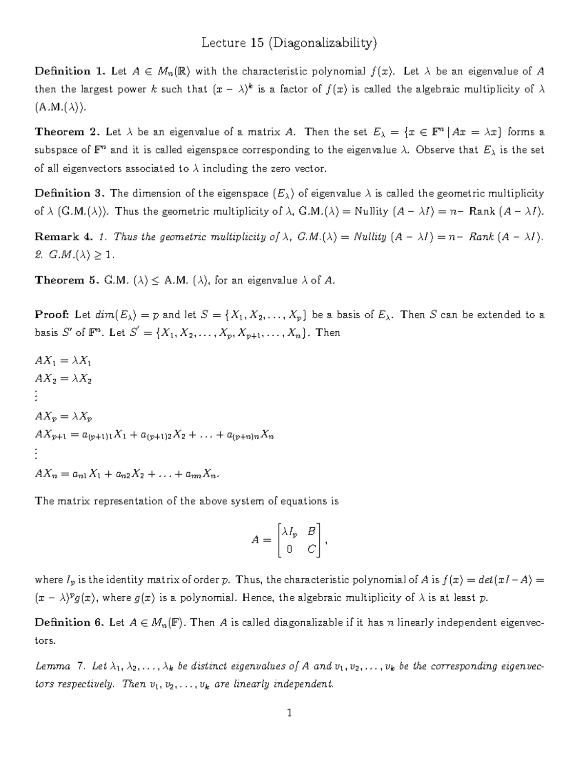 Lecture 15 - Lavda - Lecture 15 (Diagonalizability) Definition 1. Let A ...