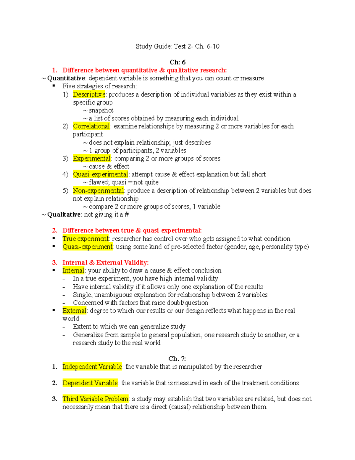 Study Guide Test 2 - Lecture notes 7 - Study Guide: Test 2- Ch. 6- Ch ...