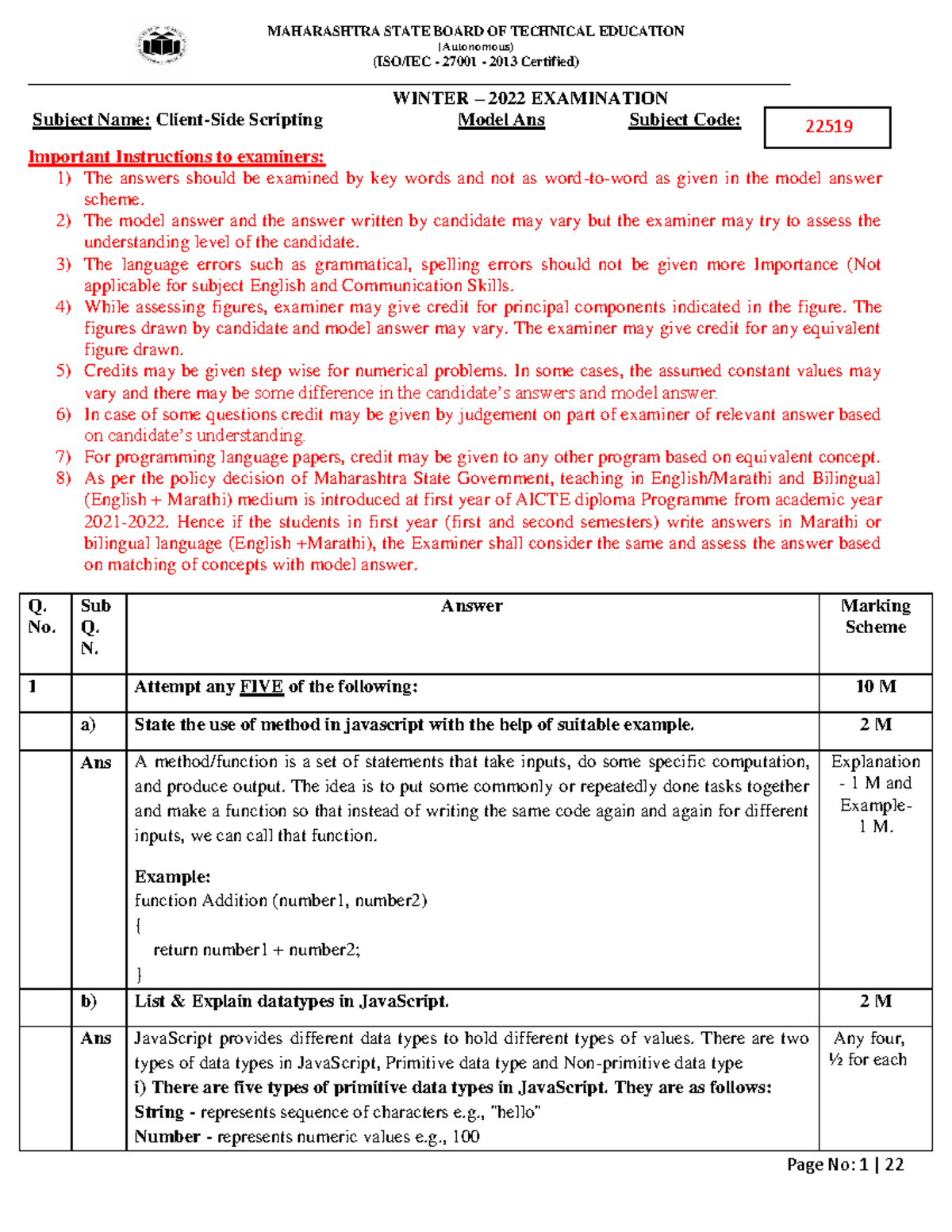 Msbte-w22-22519 - Model answer paper - (Autonomous) (ISO/IEC - 27001 ...