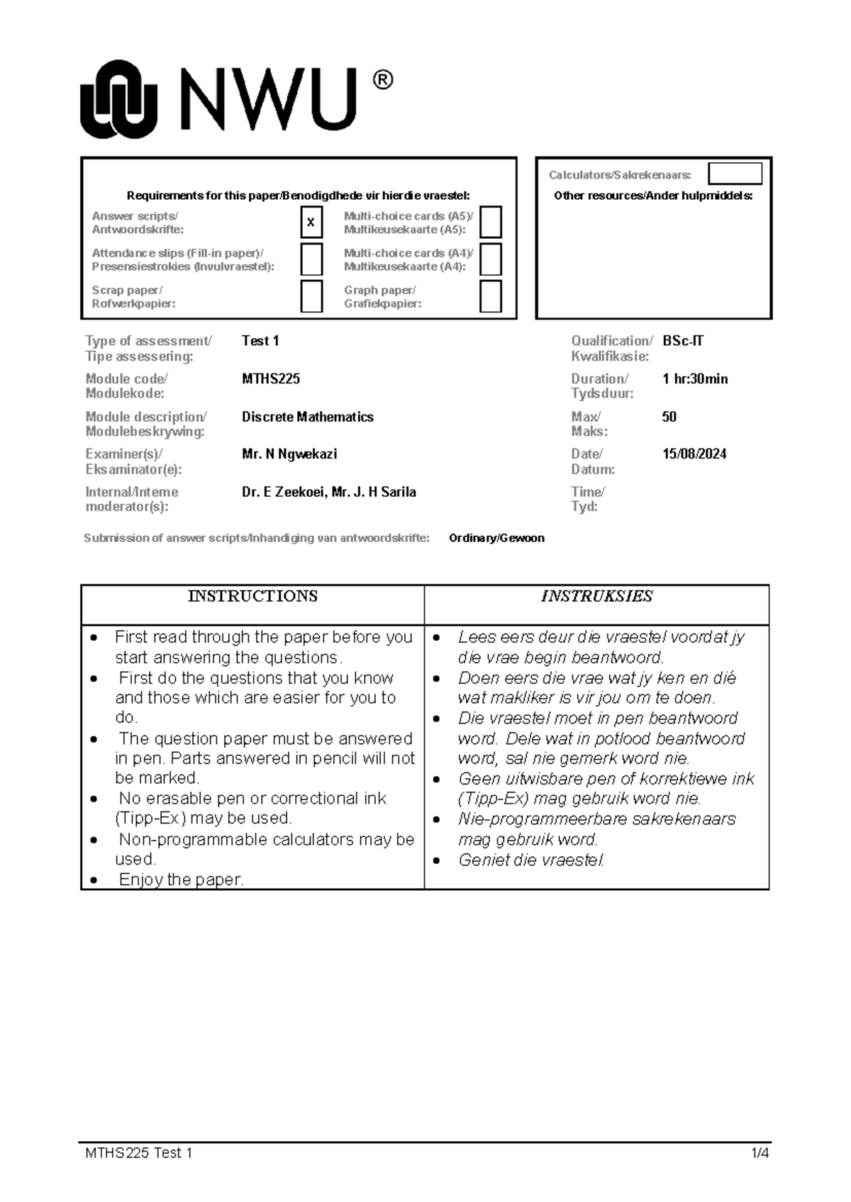 MTHS225 Test 1 2024 - Test 1 2024 - Calculators/Sakrekenaars ...