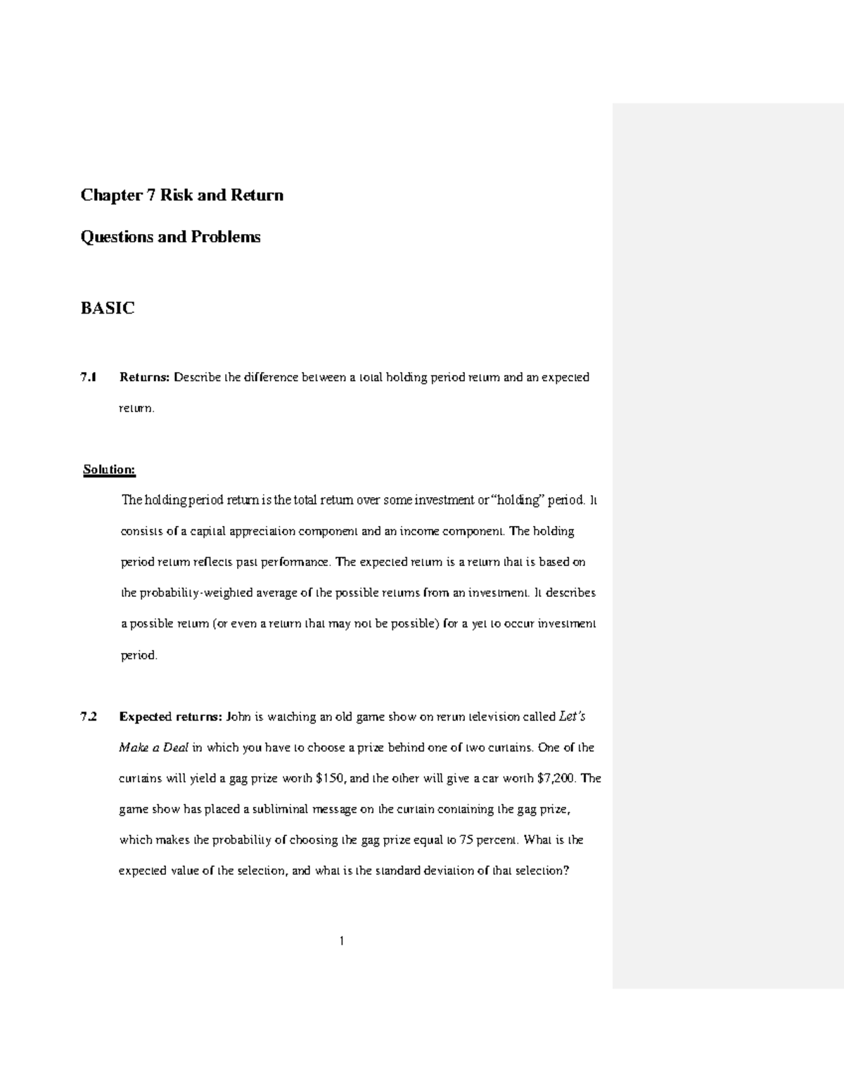 Pdfcoffee.com chapter-7-risk-and-returnpdf-pdf-free - Chapter 7 Risk and Return Questions and ...