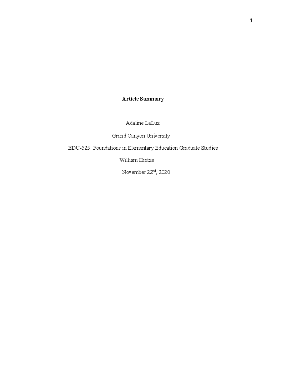 Article Summary - Assignment - Article Summary Adaline LaLuz Grand ...