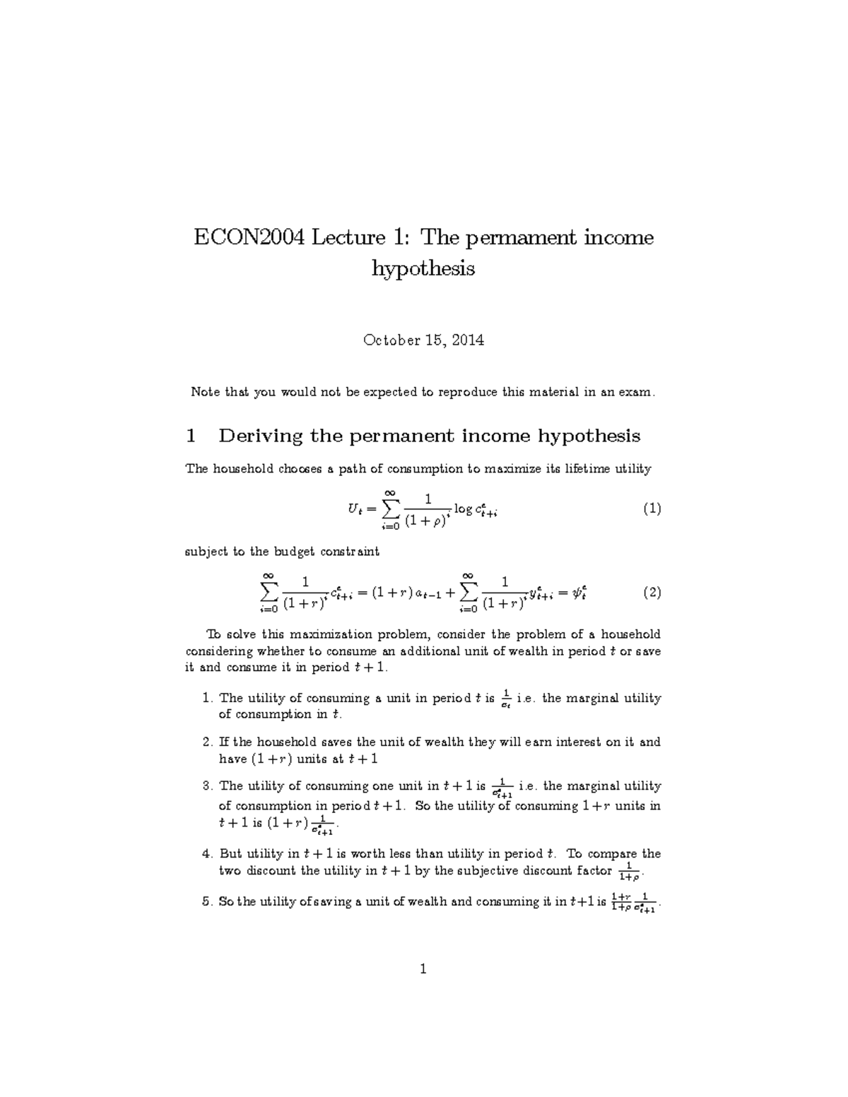 Lecture 01 PIH - UCL Economics course - ECON2004 Lecture 1: The permament income hypothesis ...