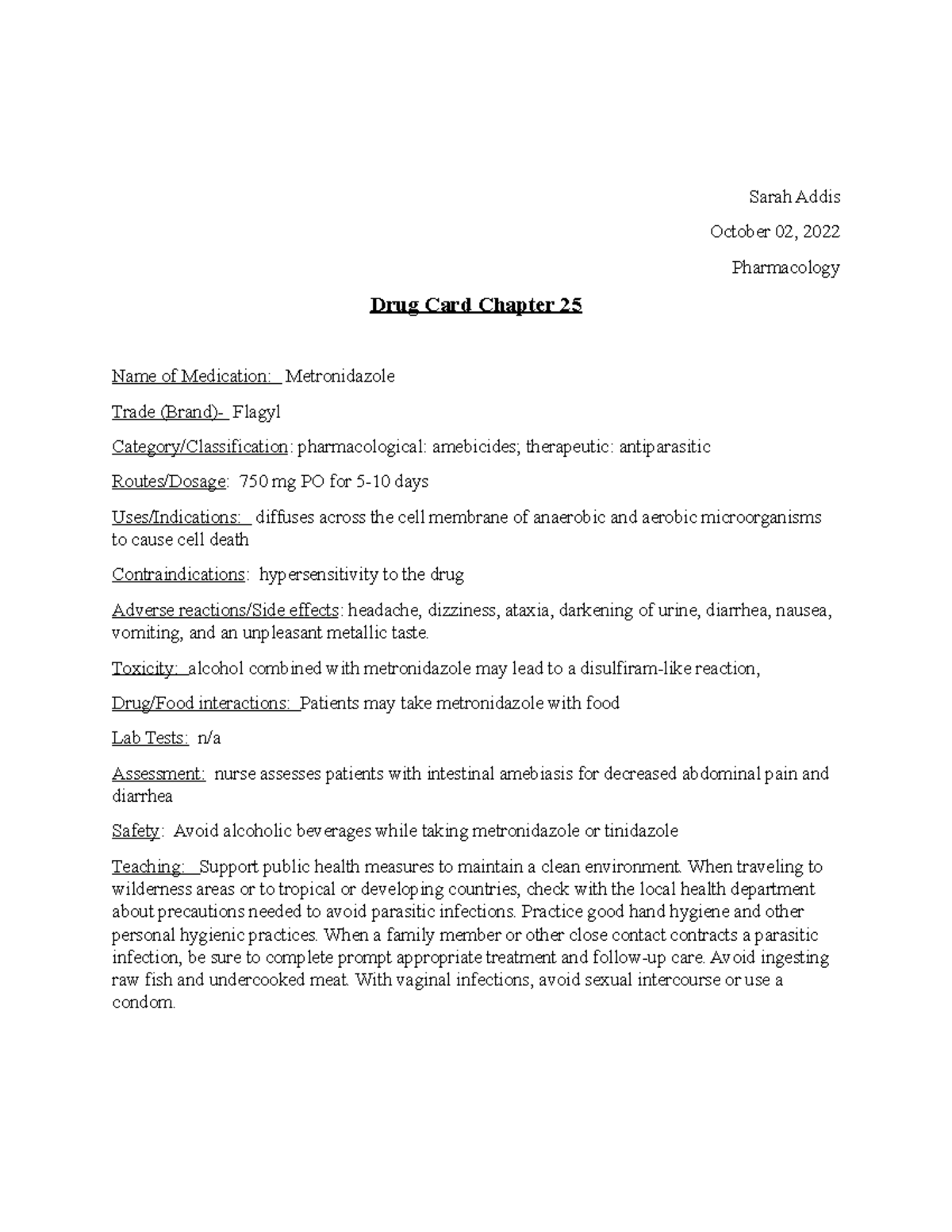Drug Card Chapter 25 - Sarah Addis October 02, 2022 Pharmacology Drug ...