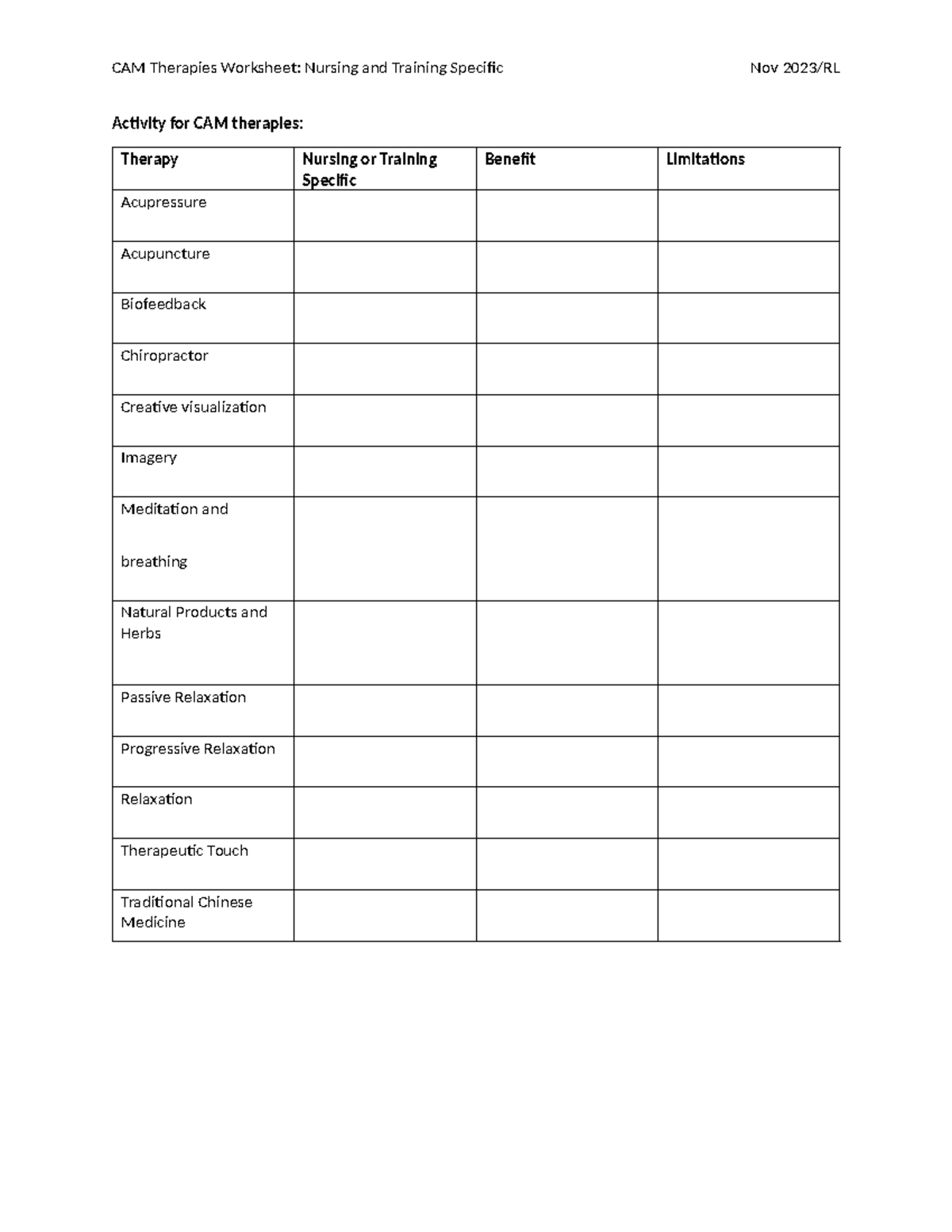Activity for CAM therapies Nov 2023 - 01:119:115 - CAM Therapies ...