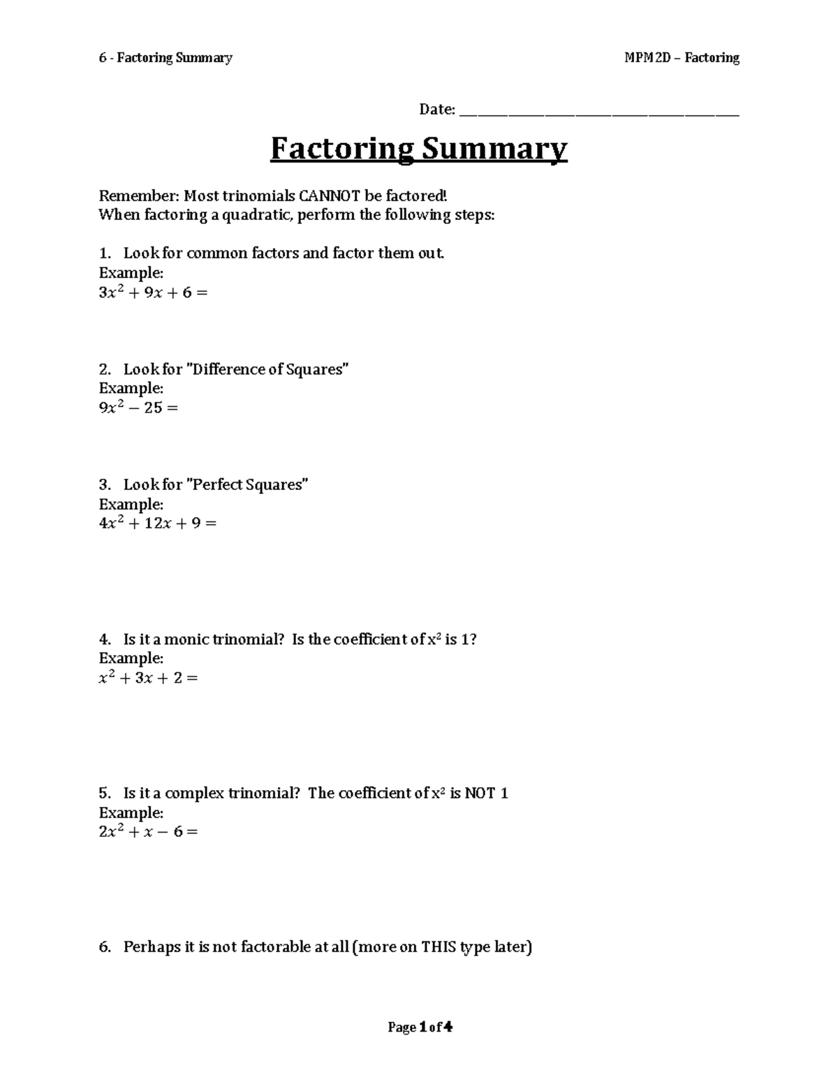 06 - Factoring Summary - Notes - Date ...