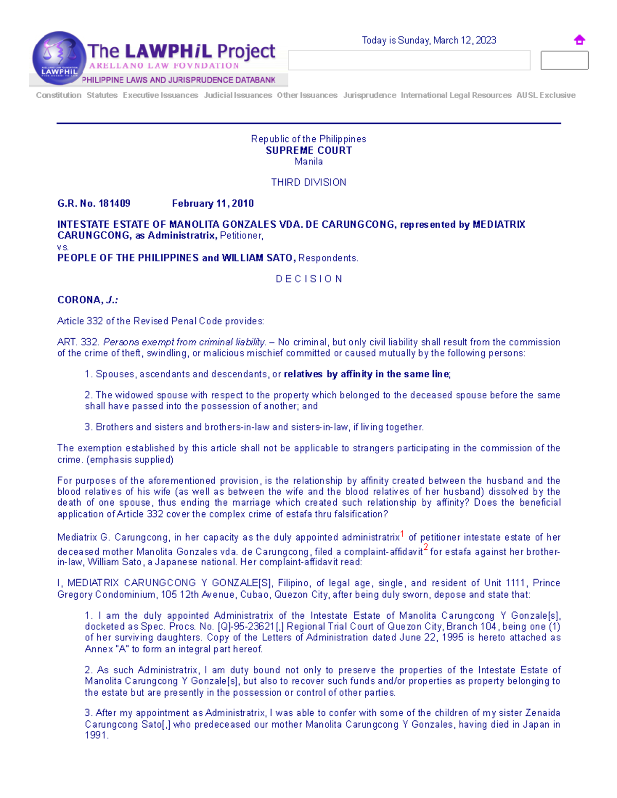 Absolutory cause - death of spouse - Constitution Statutes Executive ...