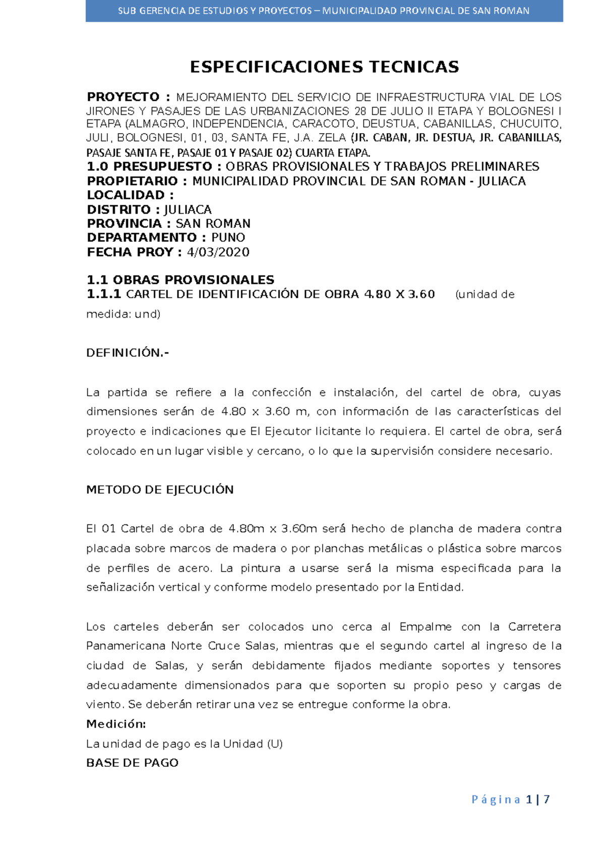 01 Obras Provisionales - ESPECIFICACIONES TECNICAS PROYECTO : MEJORAMIENTO DEL SERVICIO DE - Studocu